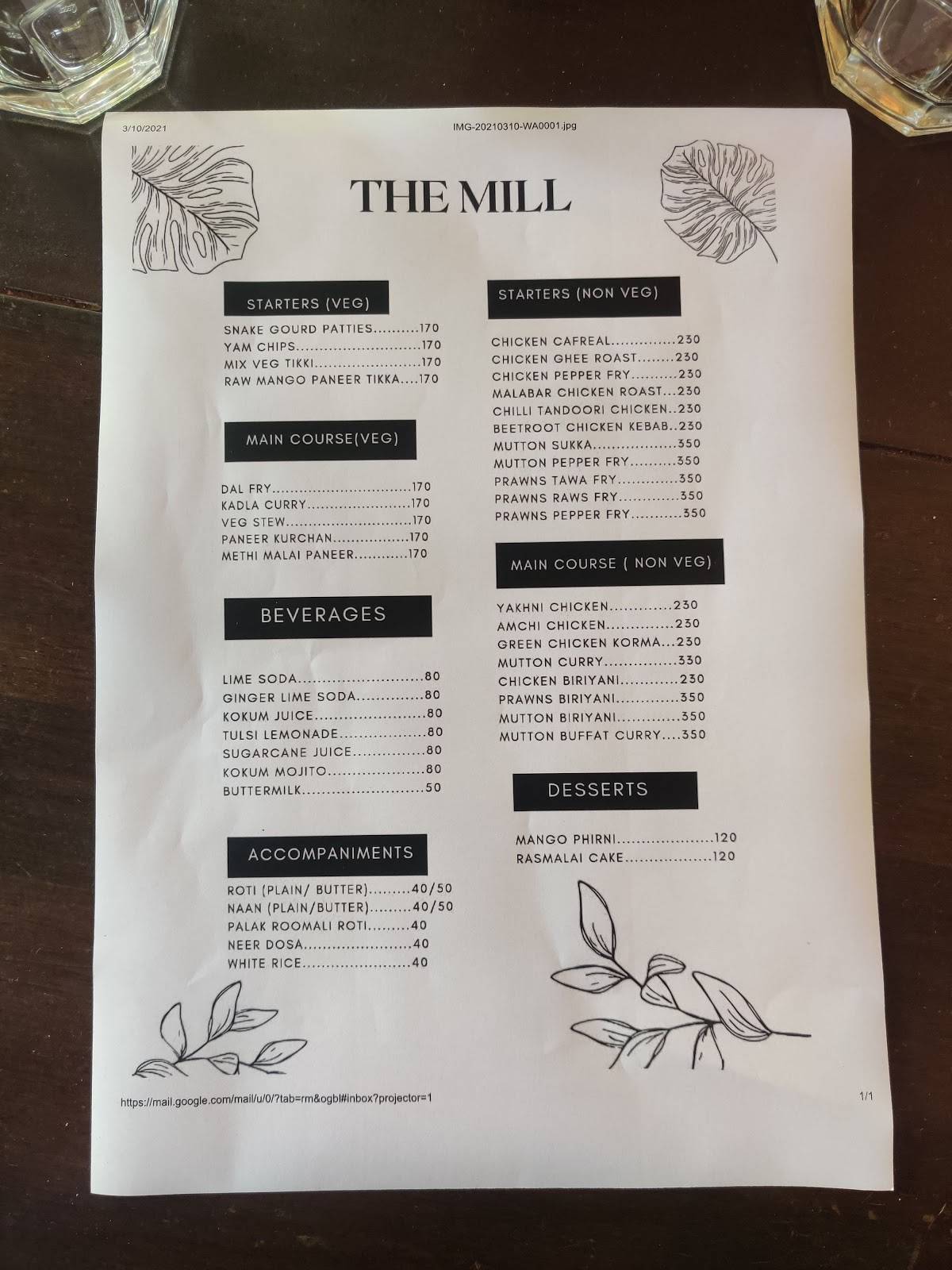 Menu at The Mill, Manipal