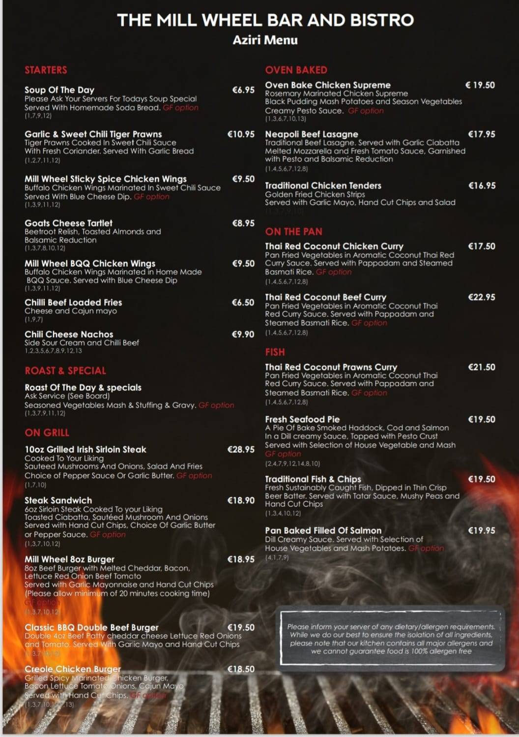 Menu at The Mill Wheel Bar and Bistro, Midleton, 4 Mill Rd.