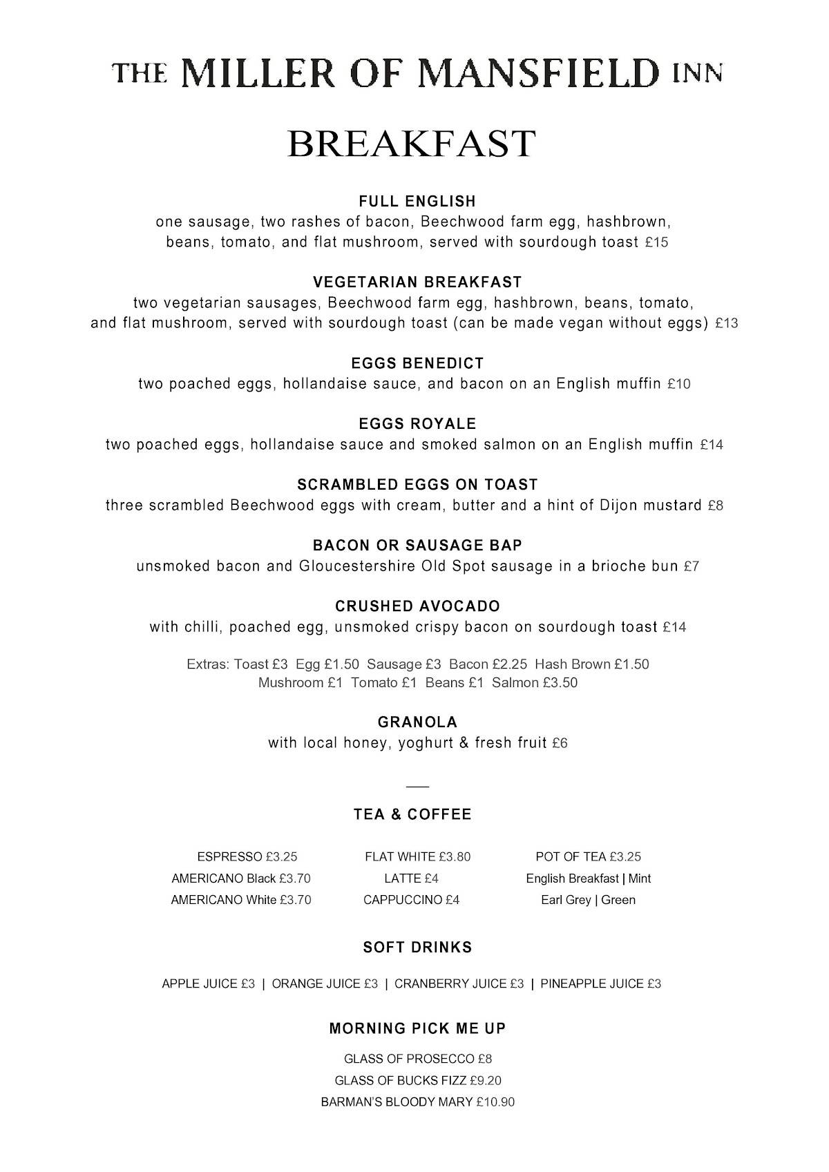 Menu at The Miller of Mansfield restaurant, Goring