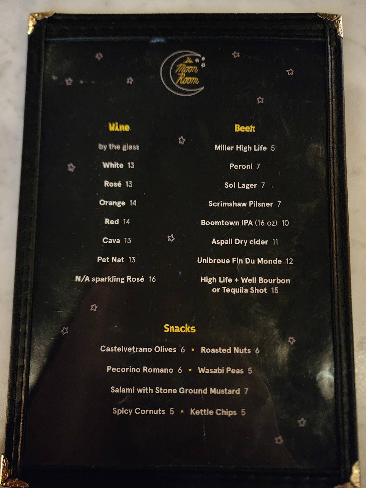 Menu at The Moon Room pub & bar, Los Angeles