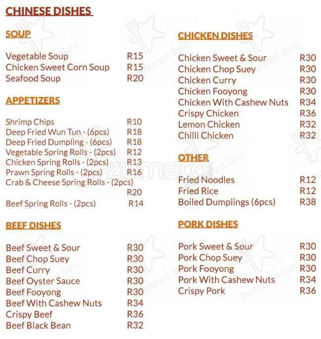 Menu at Morning Star restaurant, Randburg