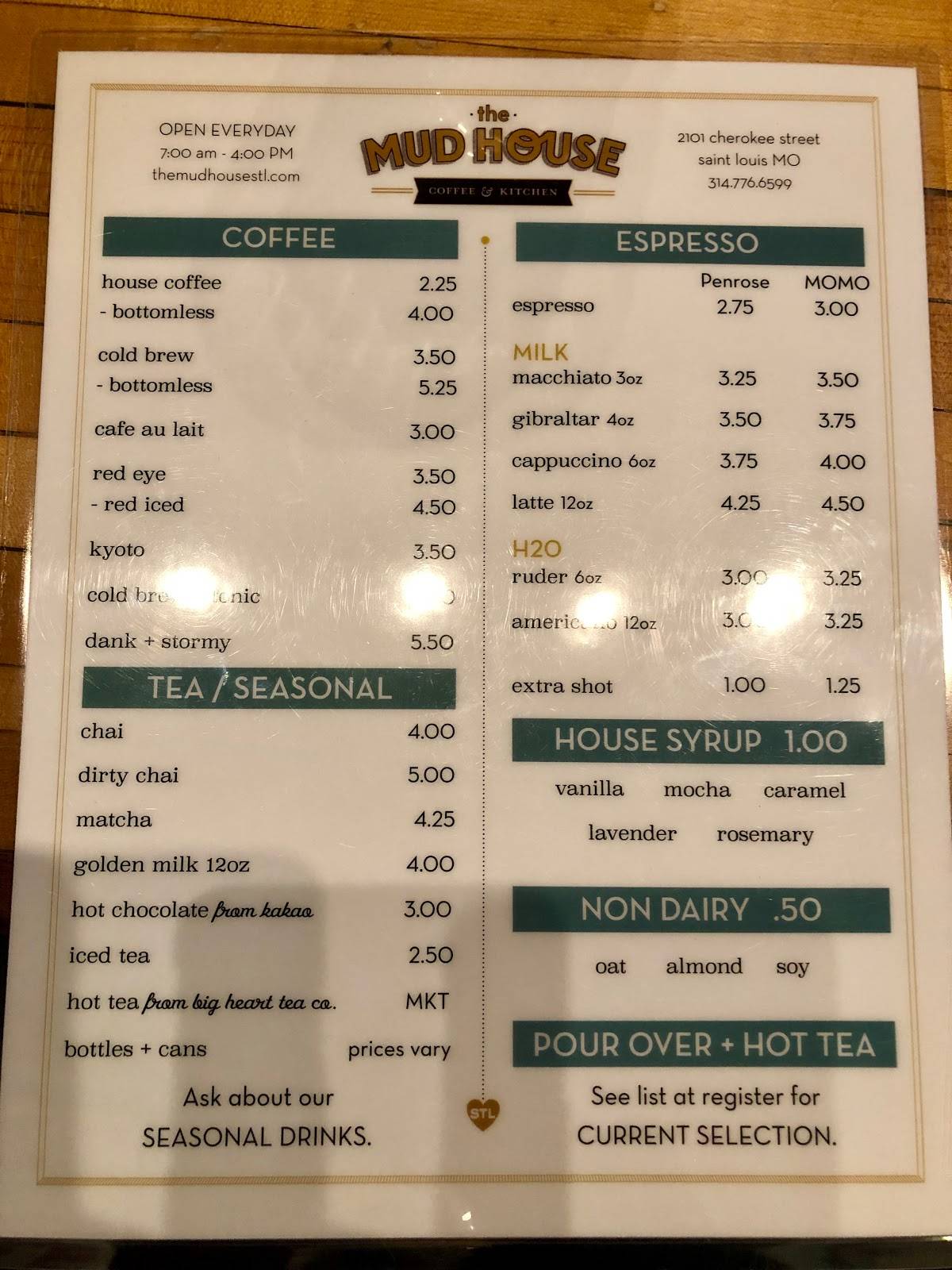 Menu at The Mud House cafe, St. Louis