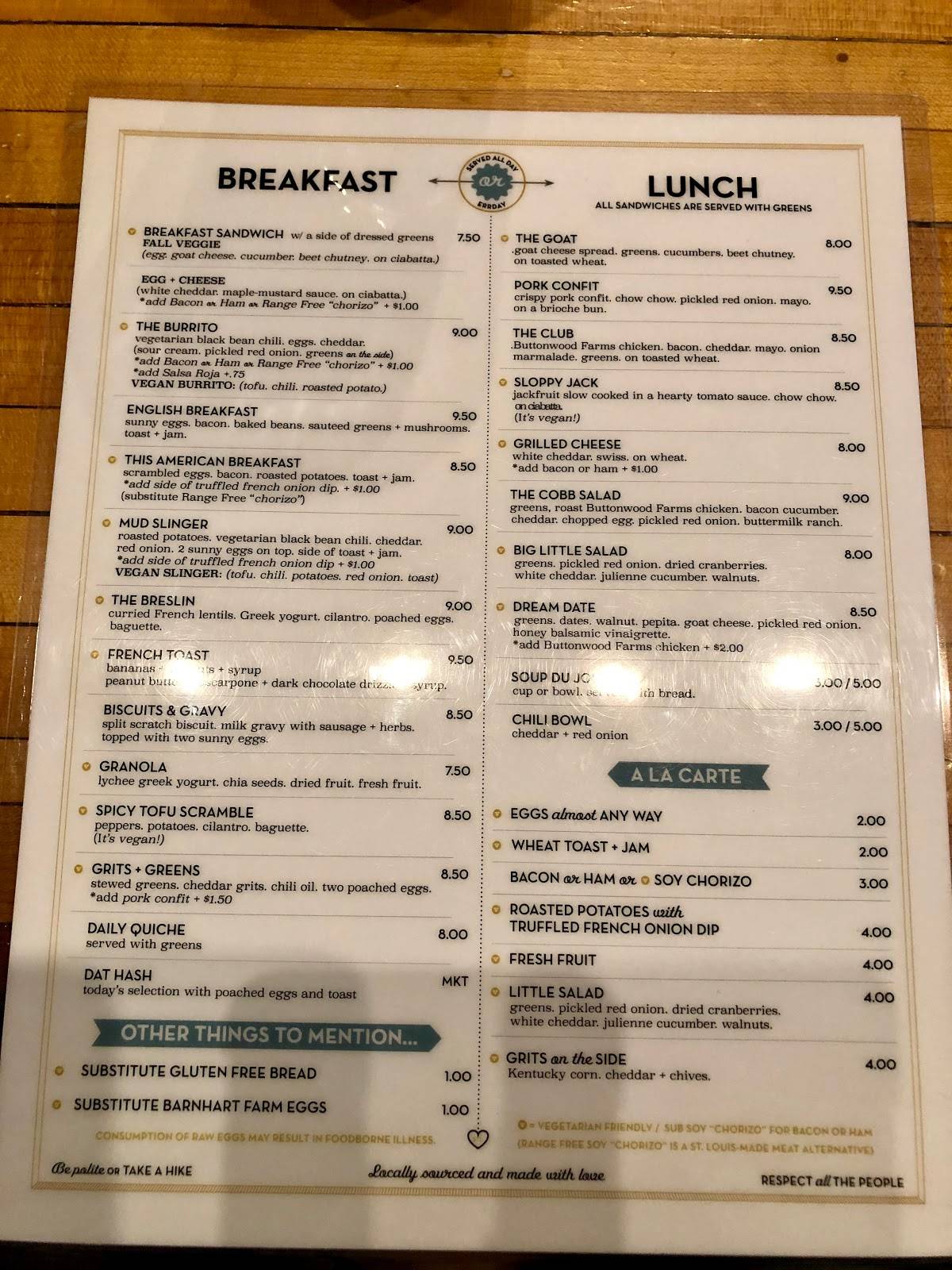 Menu at The Mud House cafe, St. Louis