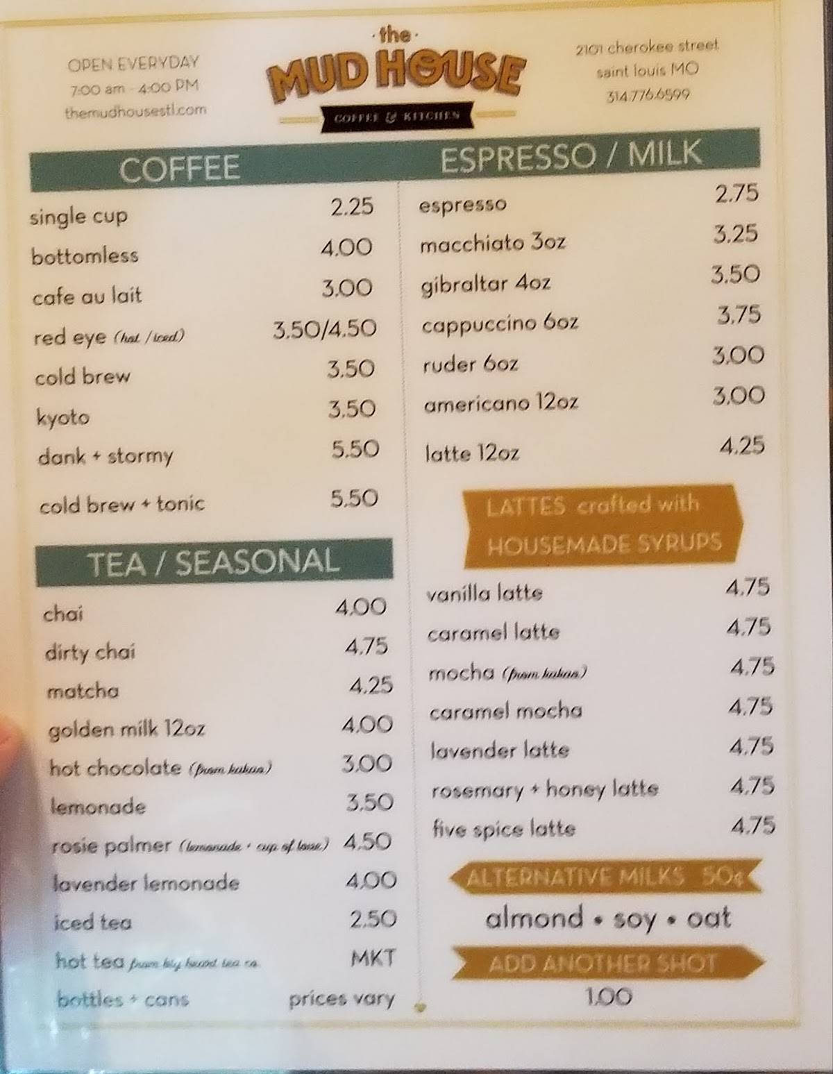 Menu at The Mud House cafe, St. Louis