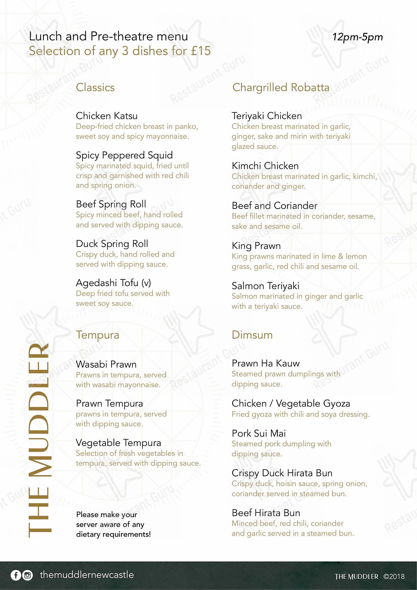 Menu at The Muddler restaurant, Newcastle upon Tyne