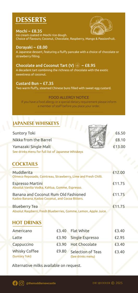 Menu at The Muddler restaurant, Newcastle upon Tyne