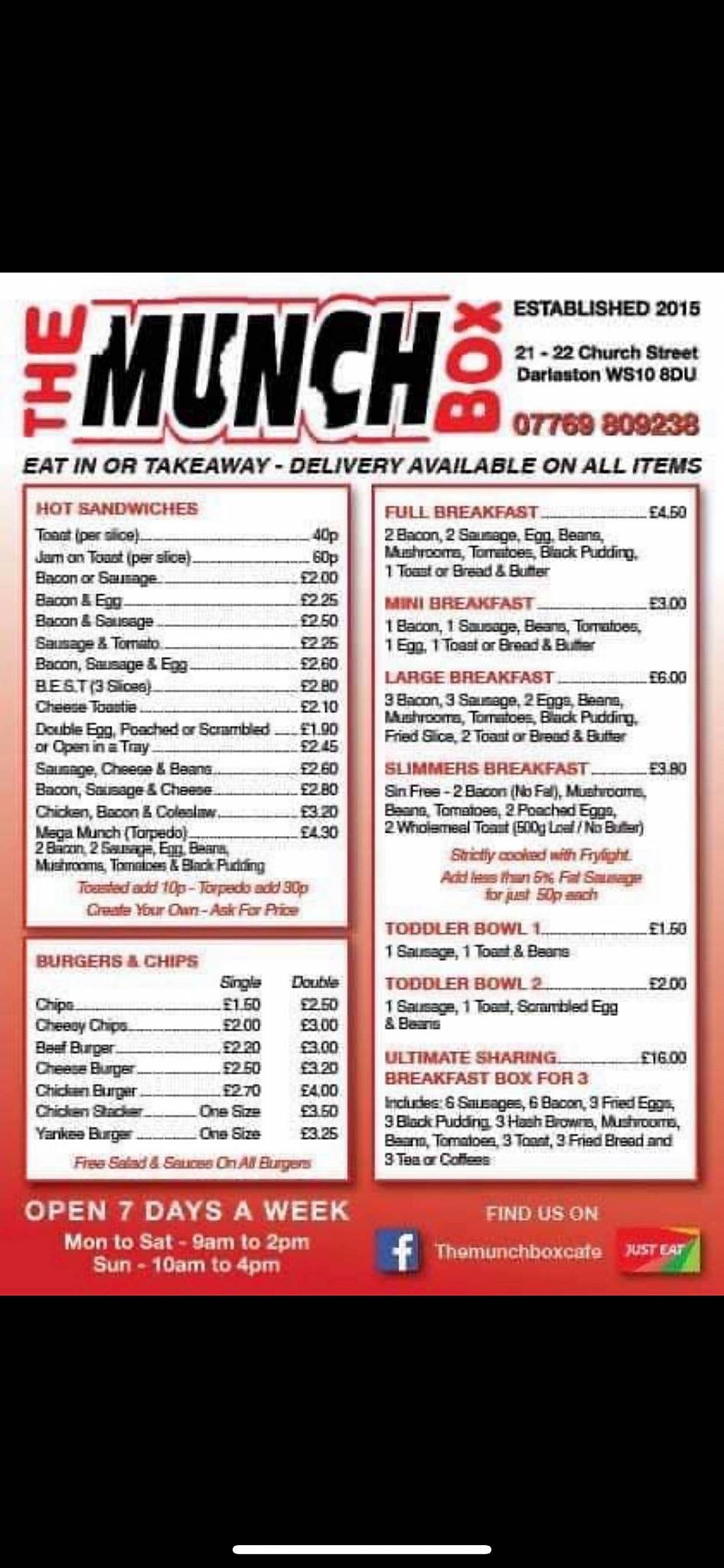 Menu at The Munch Box Cafe, Wednesbury