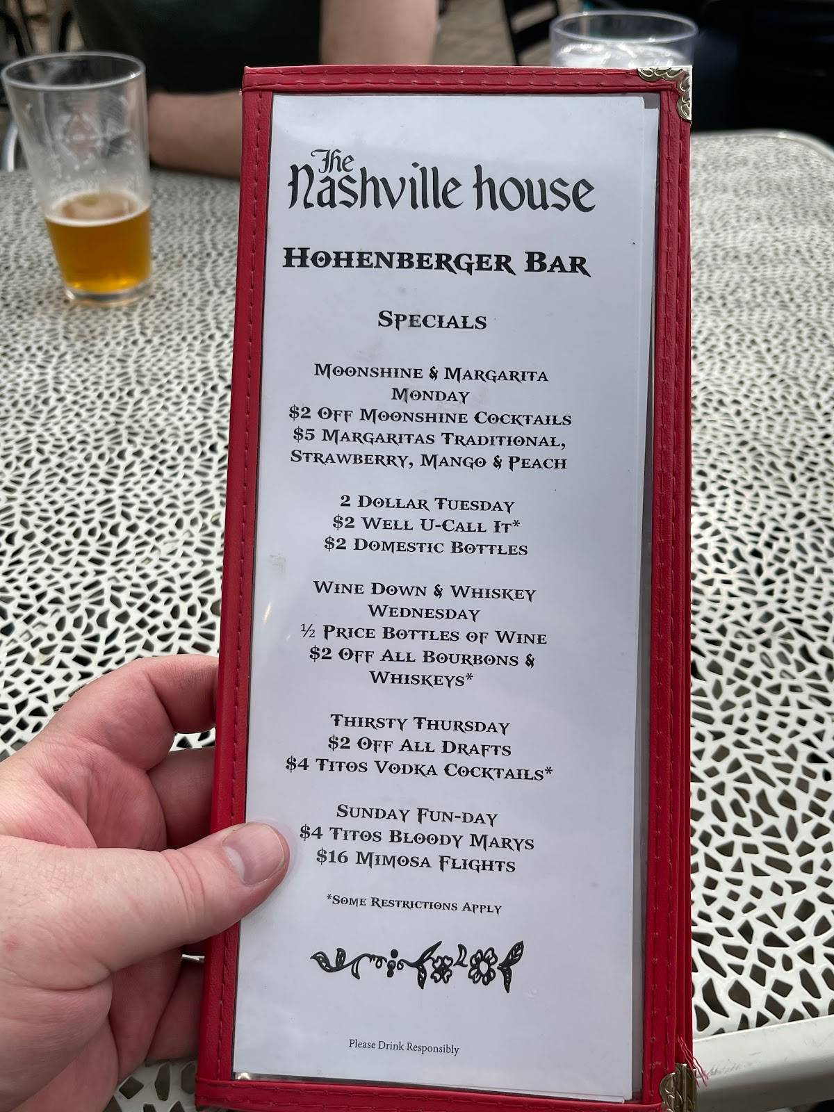 Menu at The Nashville House restaurant, Nashville, 15 S Van Buren St