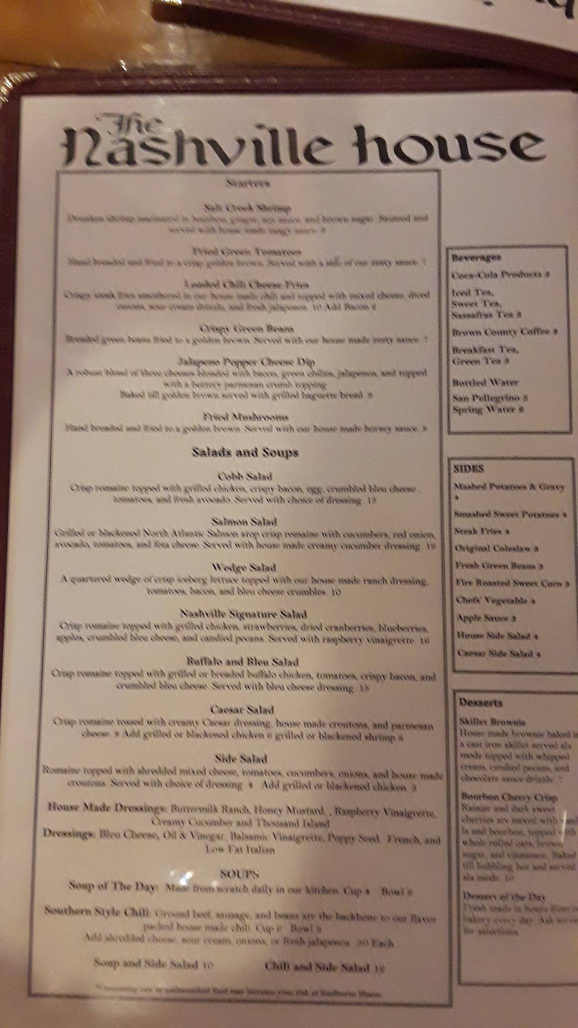Menu at The Nashville House restaurant, Nashville, 15 S Van Buren St