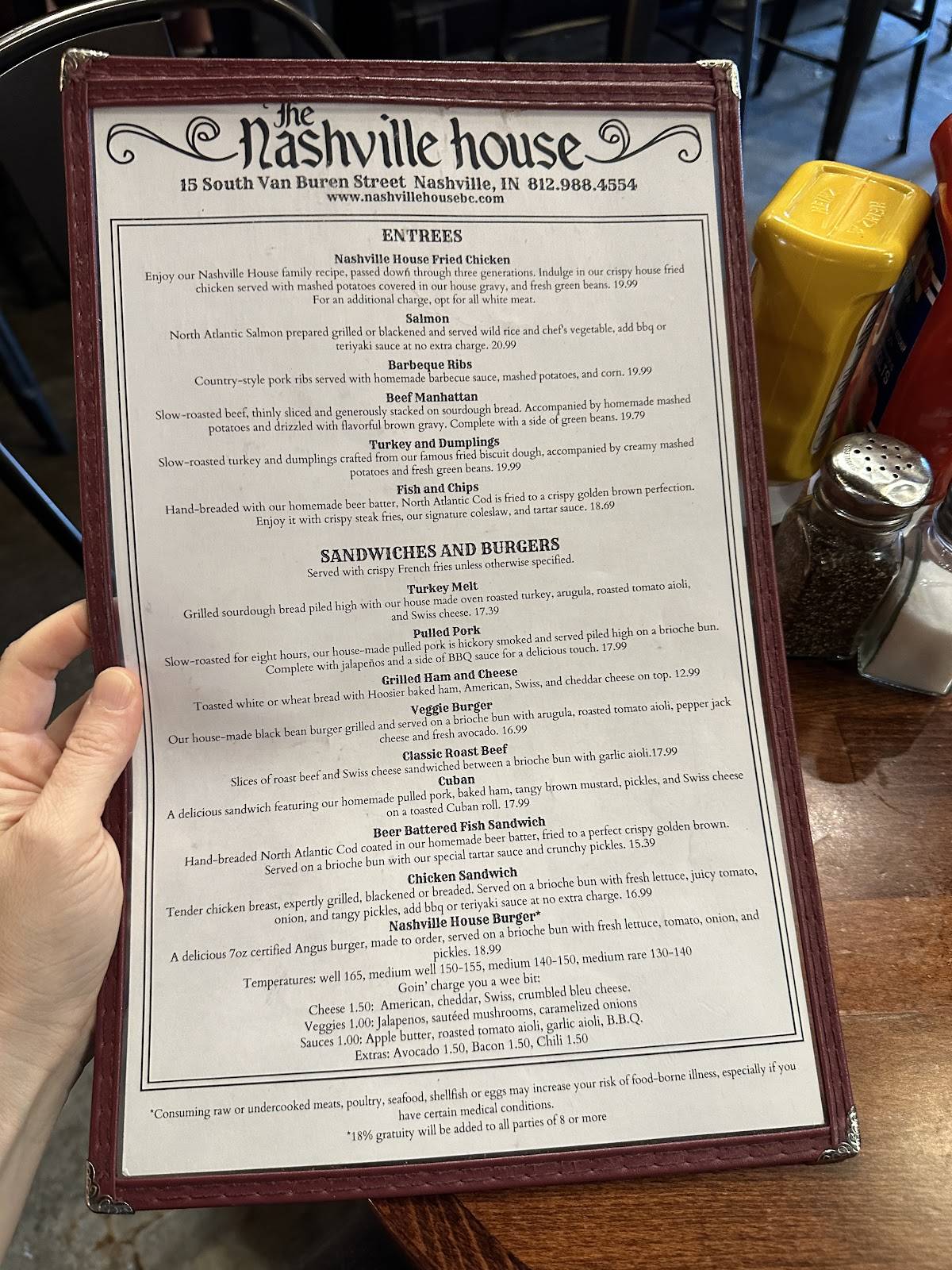 Menu at The Nashville House restaurant, Nashville, 15 S Van Buren St