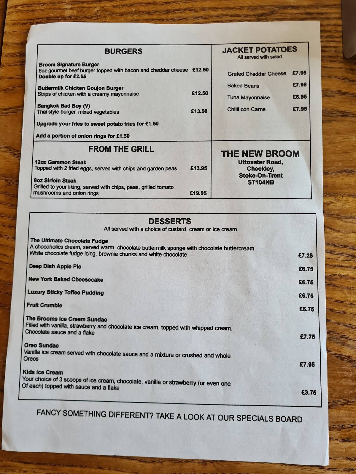 Menu at The New Broom pub & bar, Tean, Uttoxeter Rd