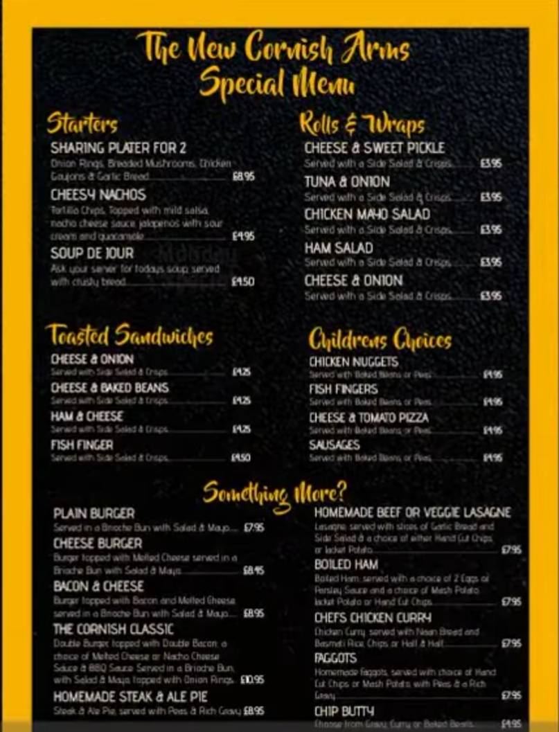 Menu at The New Cornish Arms pub & bar, Llanelli