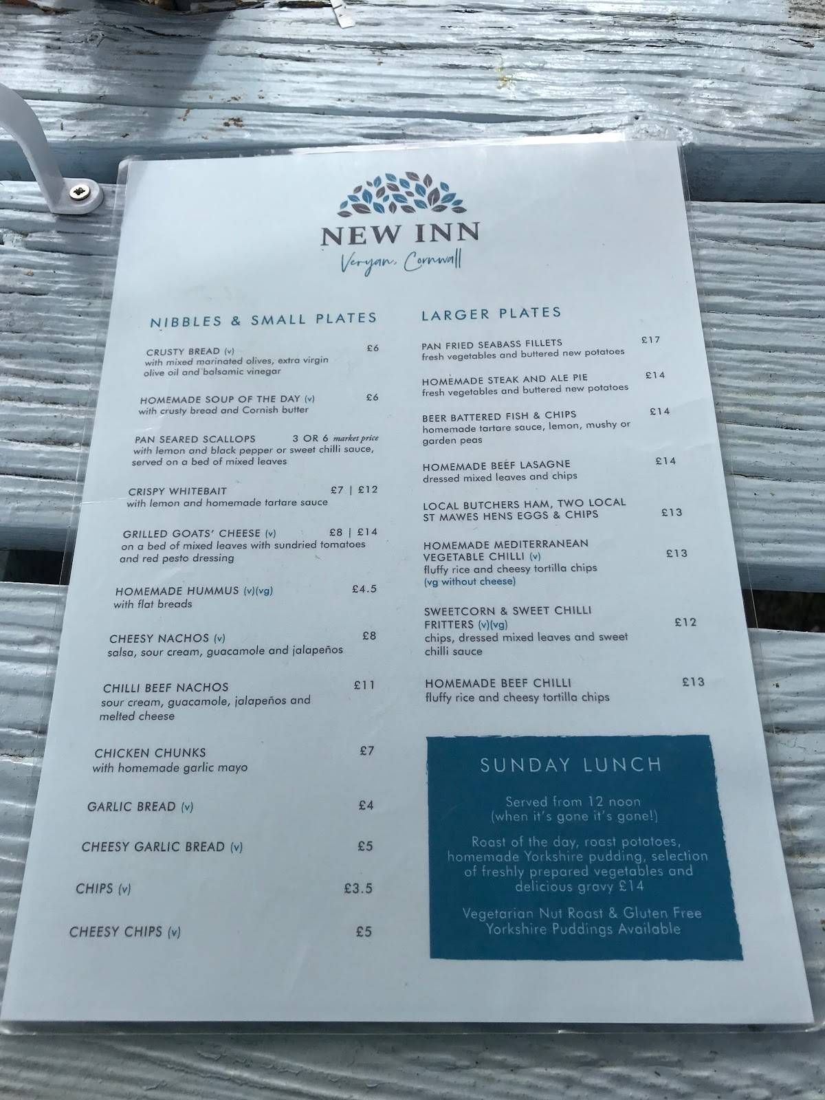 Menu at The New Inn pub & bar, Veryan, Century Ln