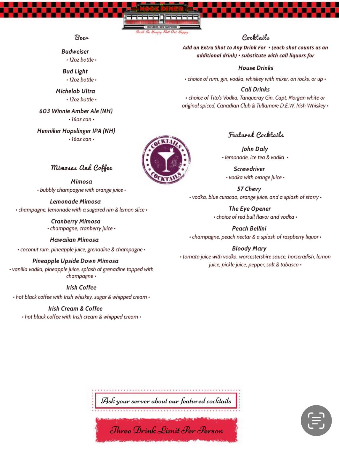 Menu at The Nook Diner restaurant, Hillsboro