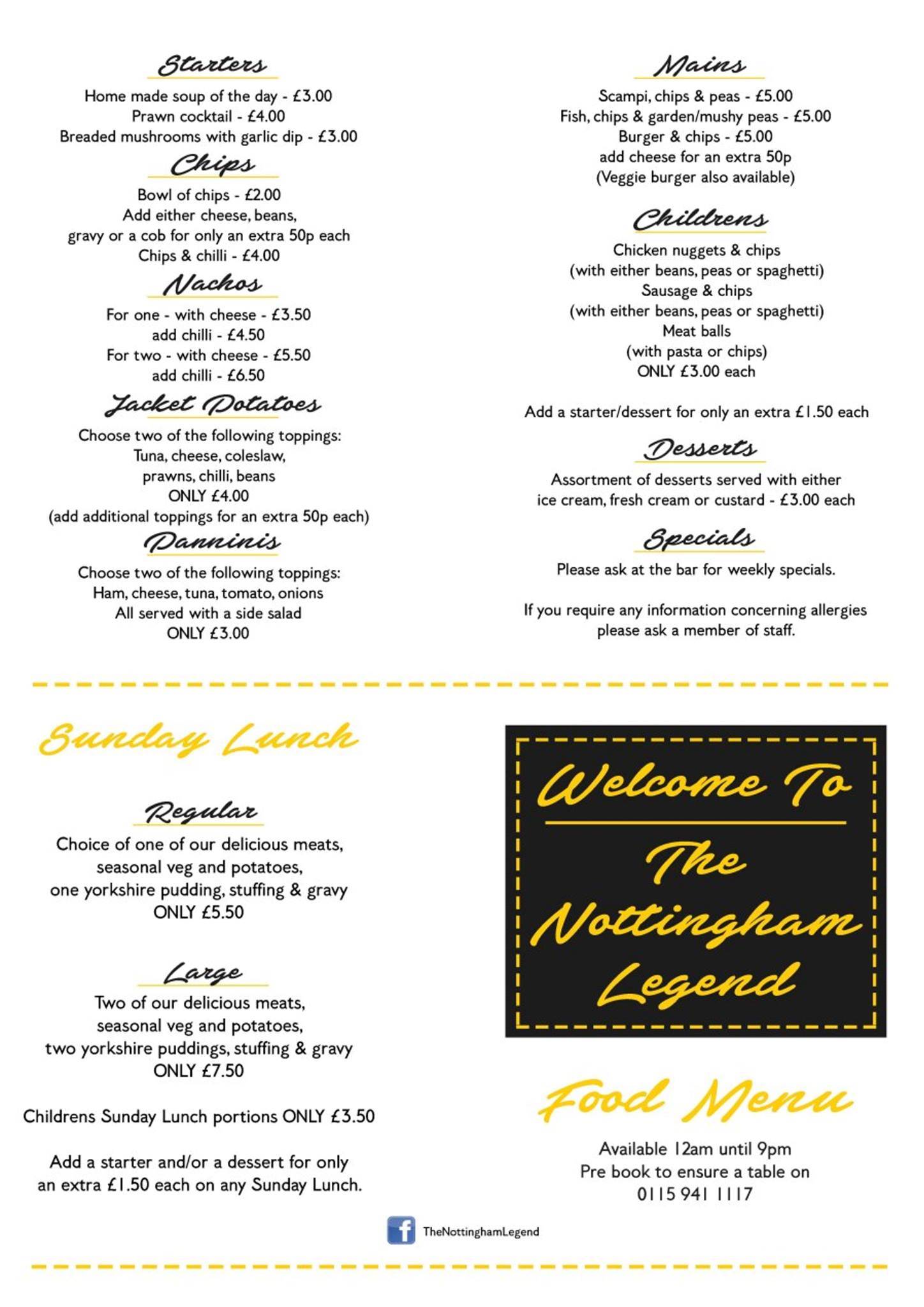 Menu at The Nottingham Legend pub & bar, Nottingham