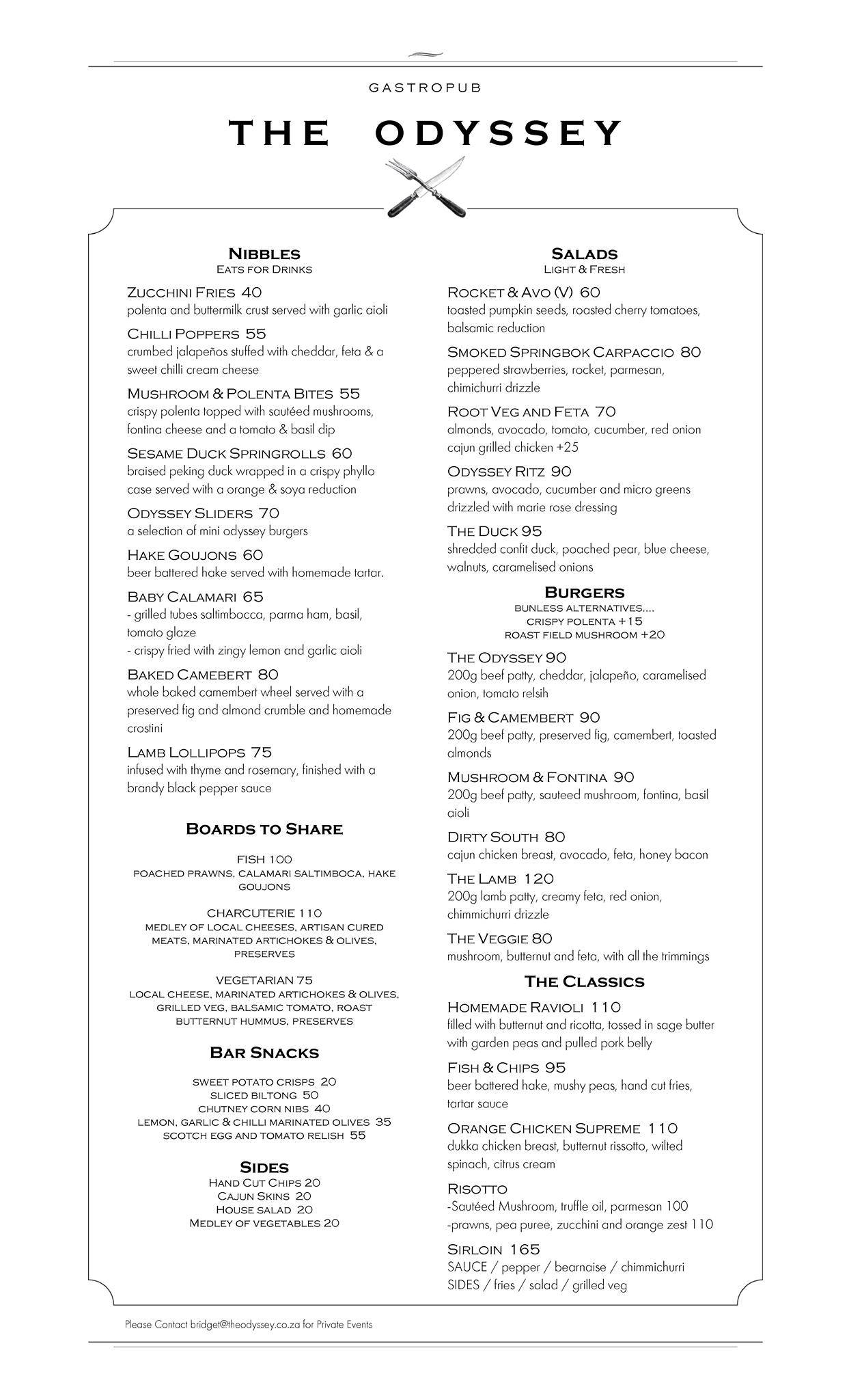 Speisekarte von The Odyssey Gastropub, Kapstadt