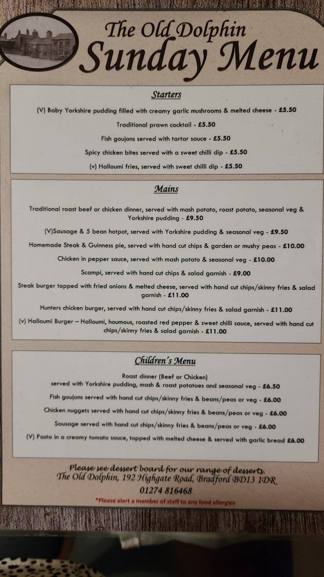 Menu at The Old Dolphin pub & bar, Bradford