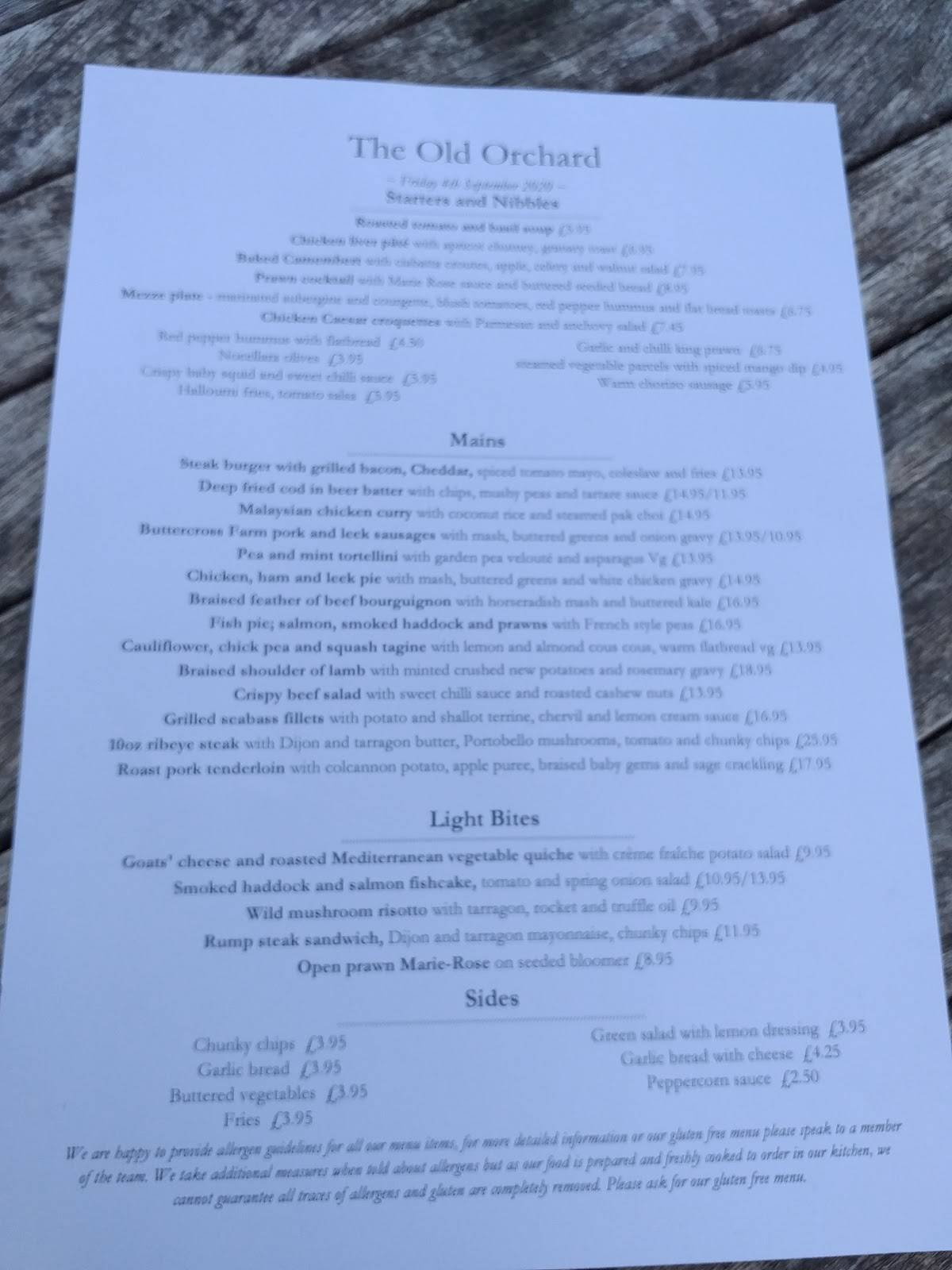 Menu at The Old Orchard pub & bar, Ruislip
