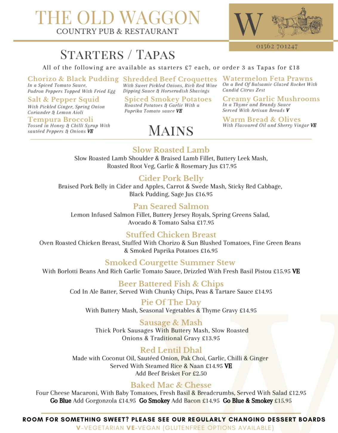 Menu at The Old Waggon & Horses Iverley Kidderminster restaurant ...