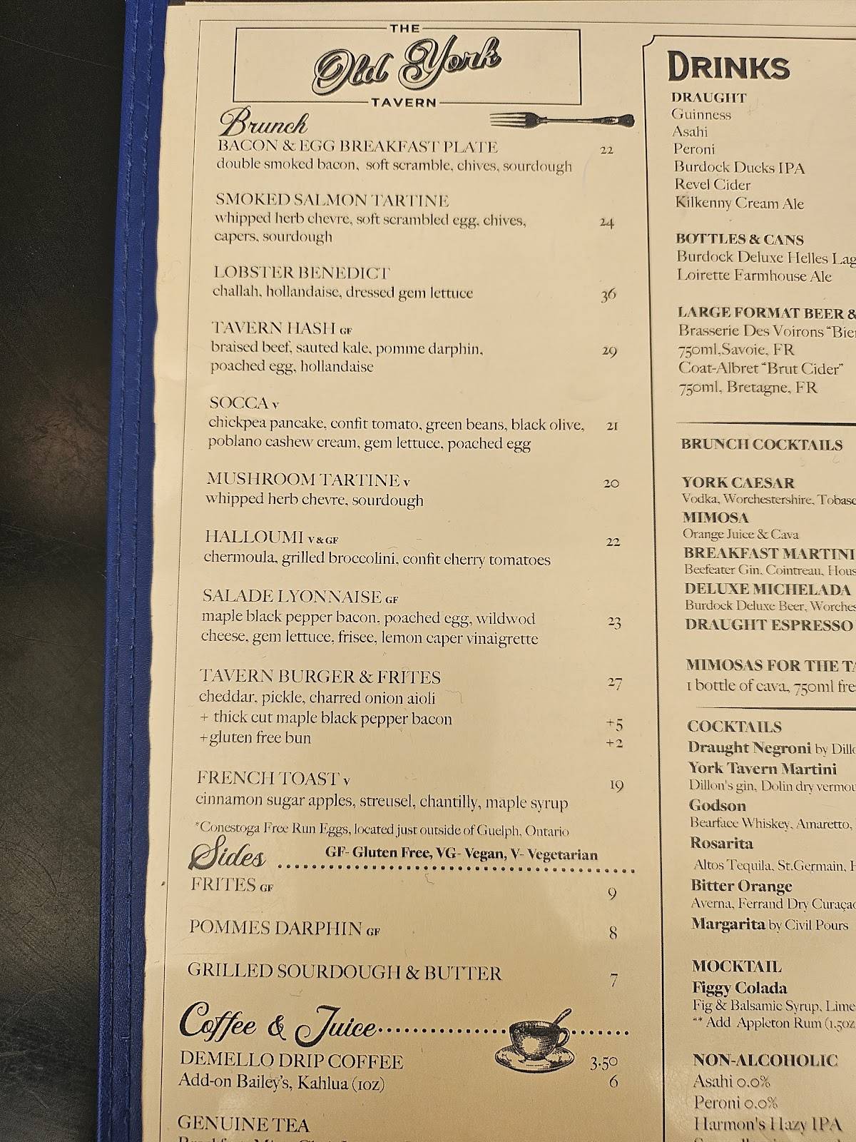 Menu at The Old York Tavern pub & bar, Toronto