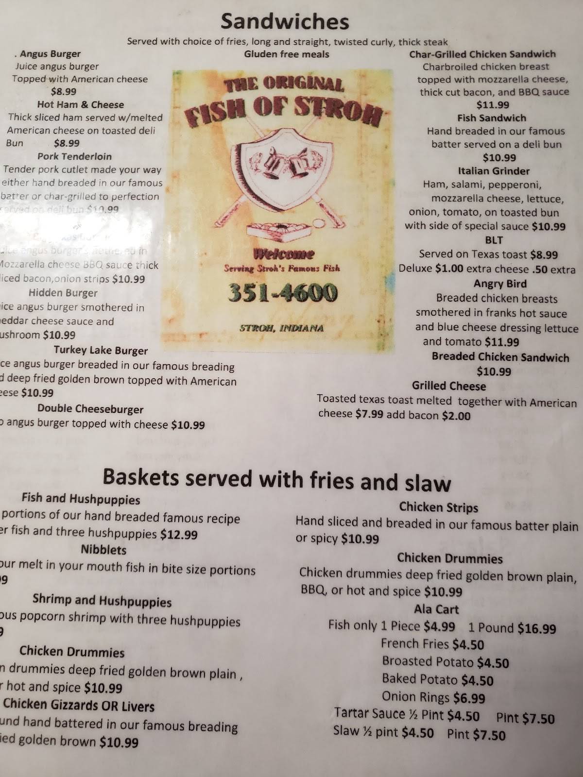 Menu at The Original Fish of Stroh restaurant, Stroh, 4230 S 1175 E