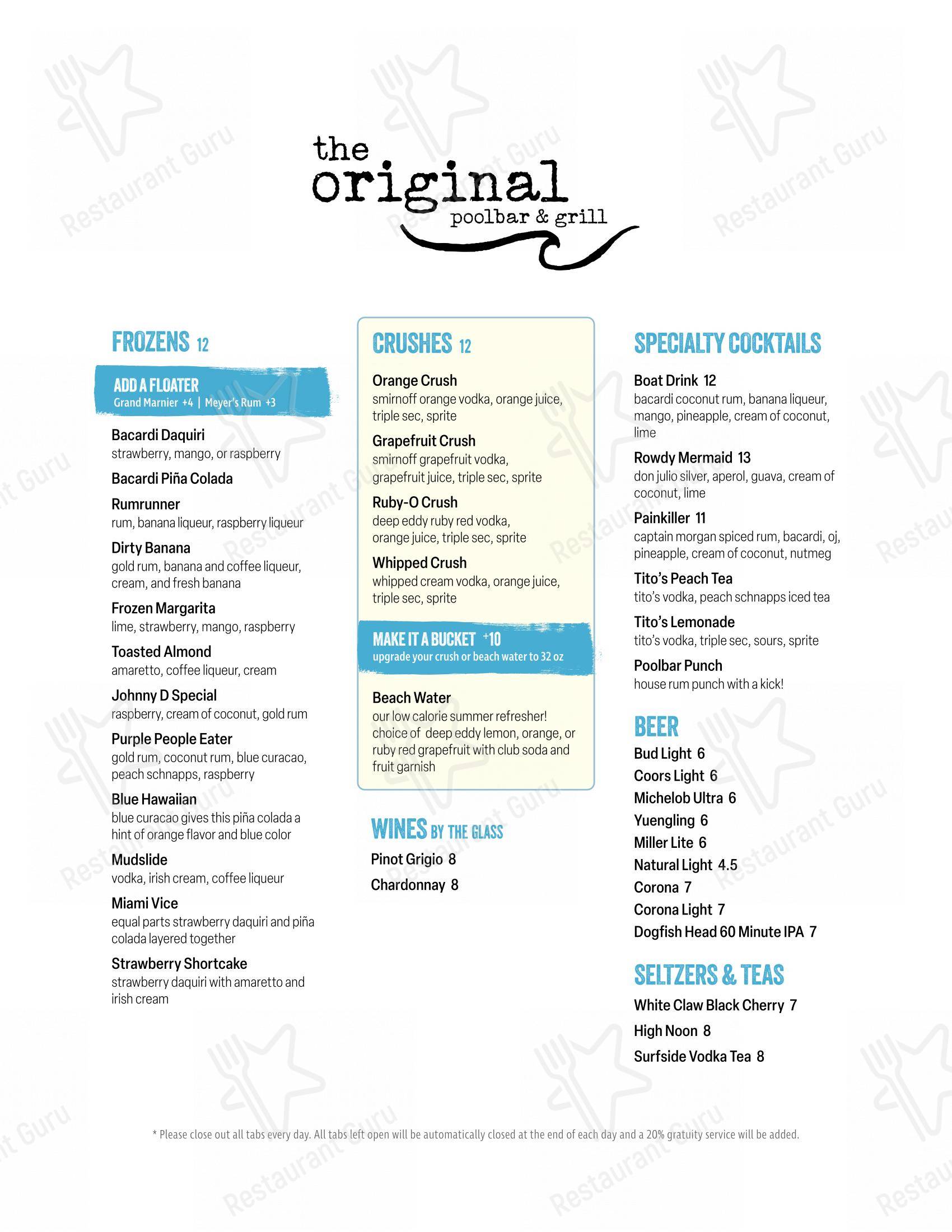 Menu at The Original Pool Bar and Grill, Ocean City