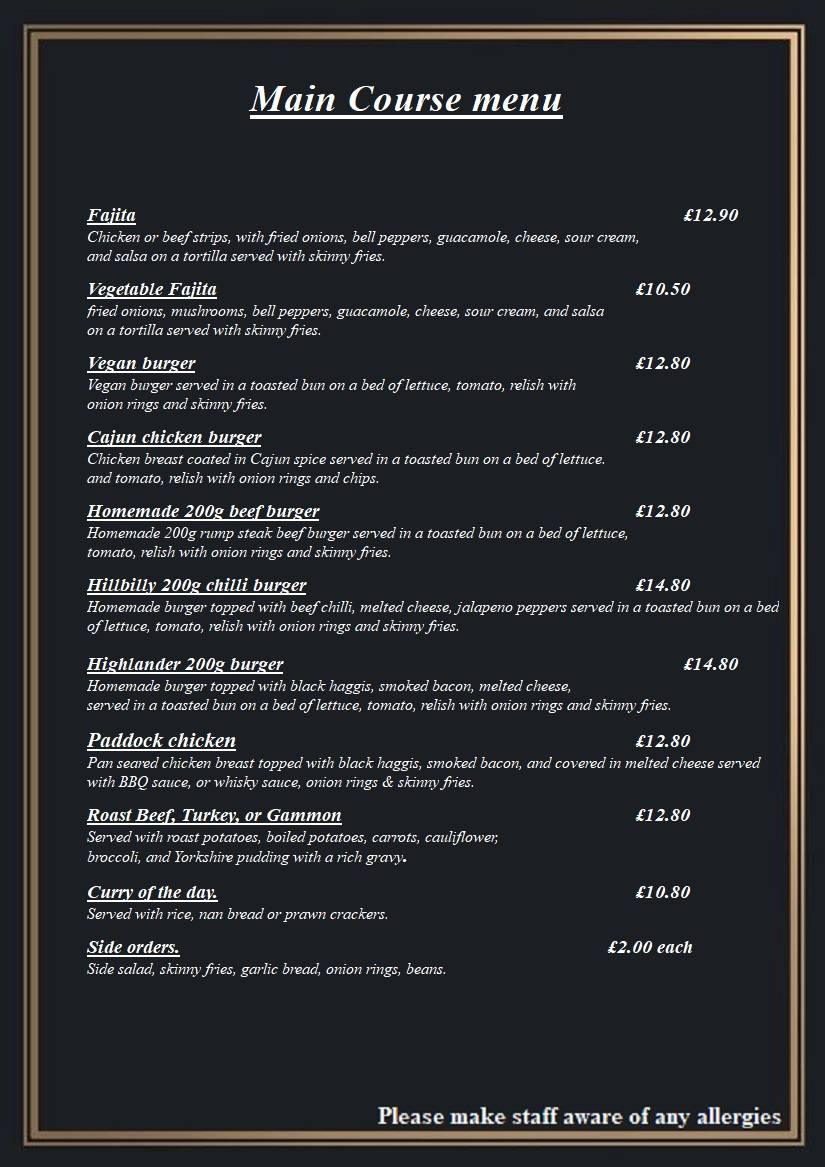 Menu at The Paddock Bar, Portlethen