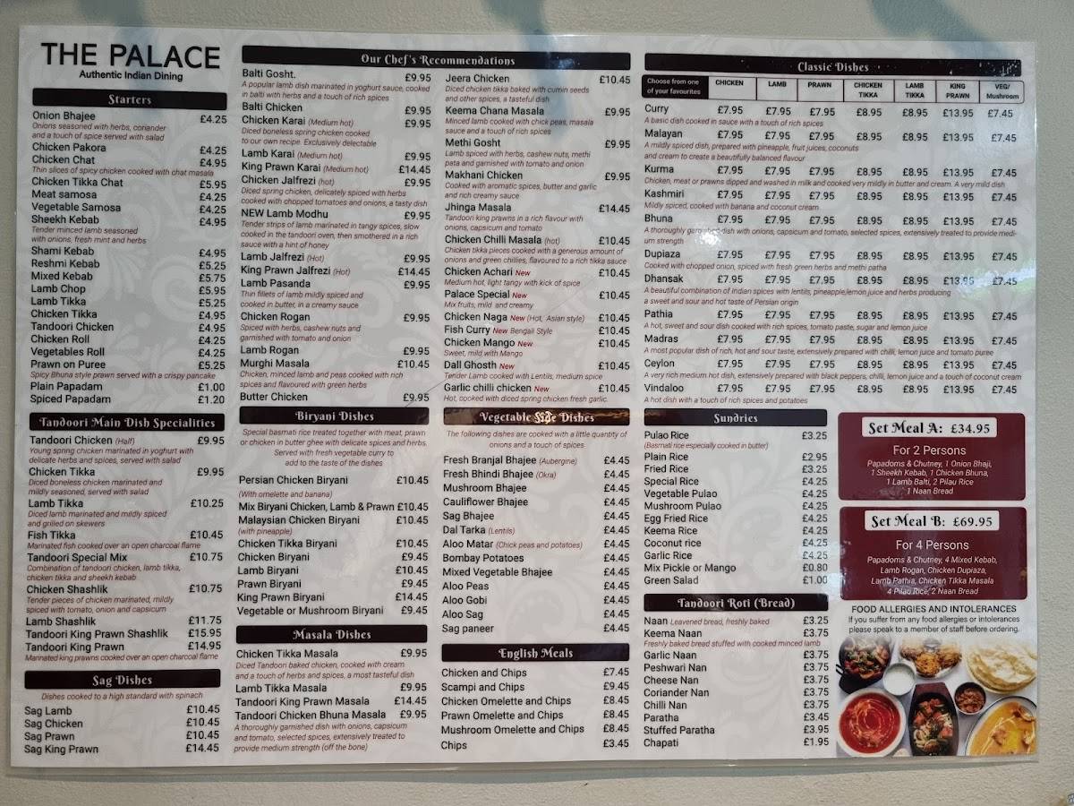 Menu at The Palace restaurant, Llansantffraid-ym-Mechain, Waterloo Terrace
