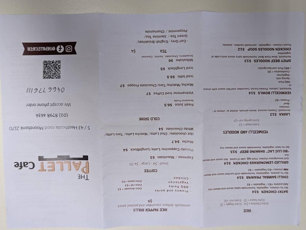 Menu at The Pallet Cafe, Moorebank