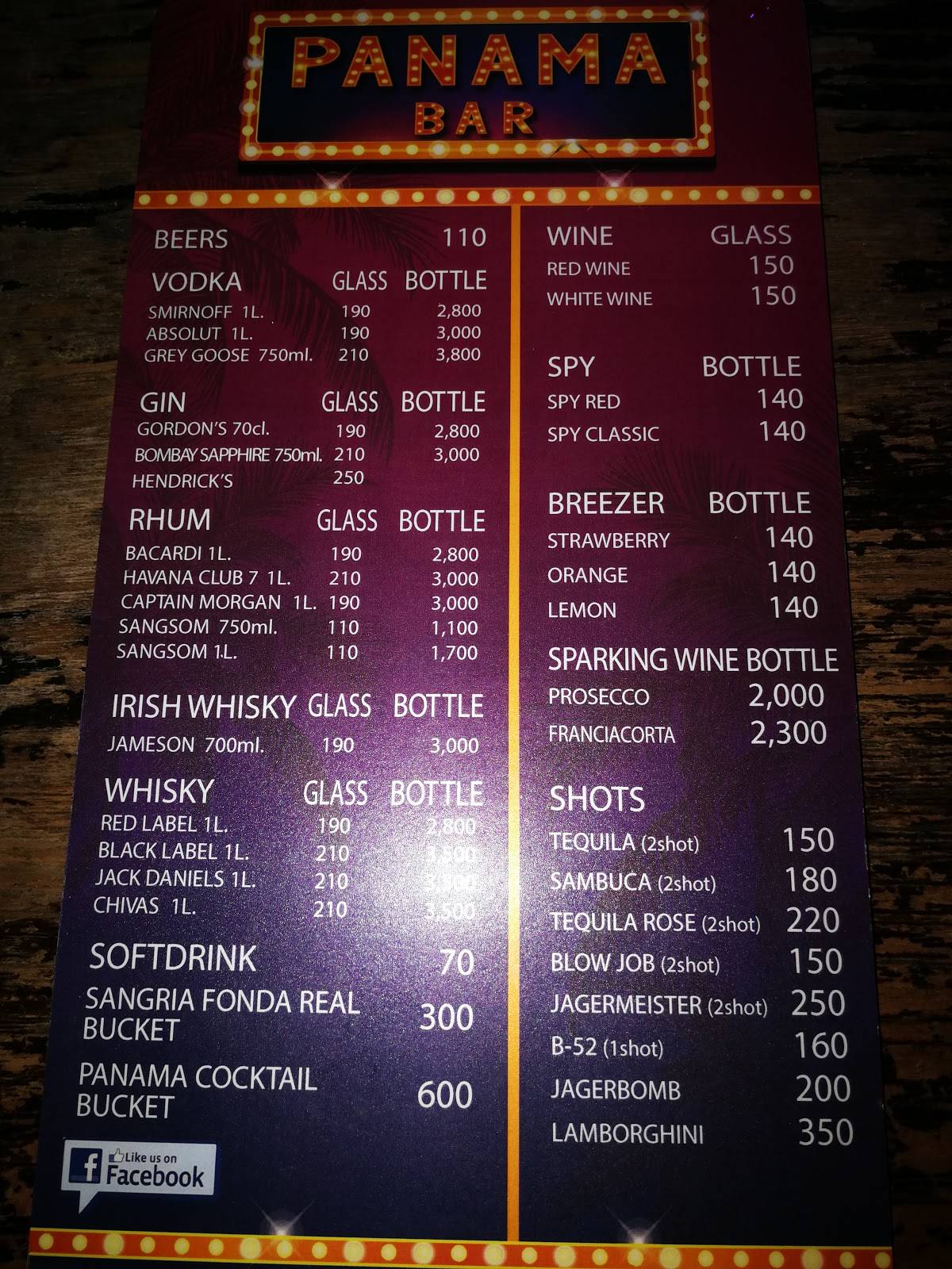 Menu at The Panama Club, Hua Hin