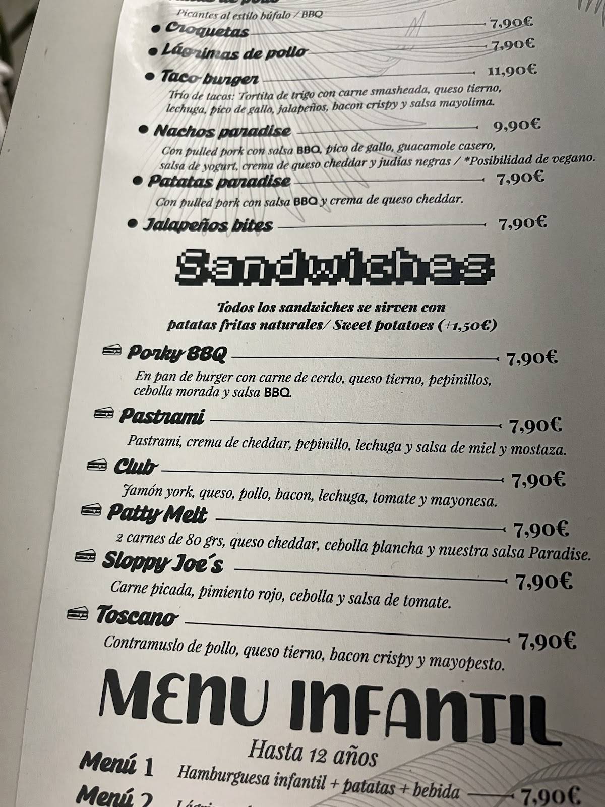 Carta del restaurante The Paradise Burgers, Ciudad Real