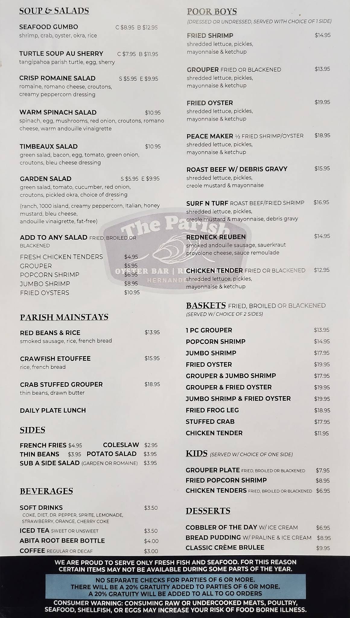 Menu at The Parish Oyster Bar & Restaurant, Hernando