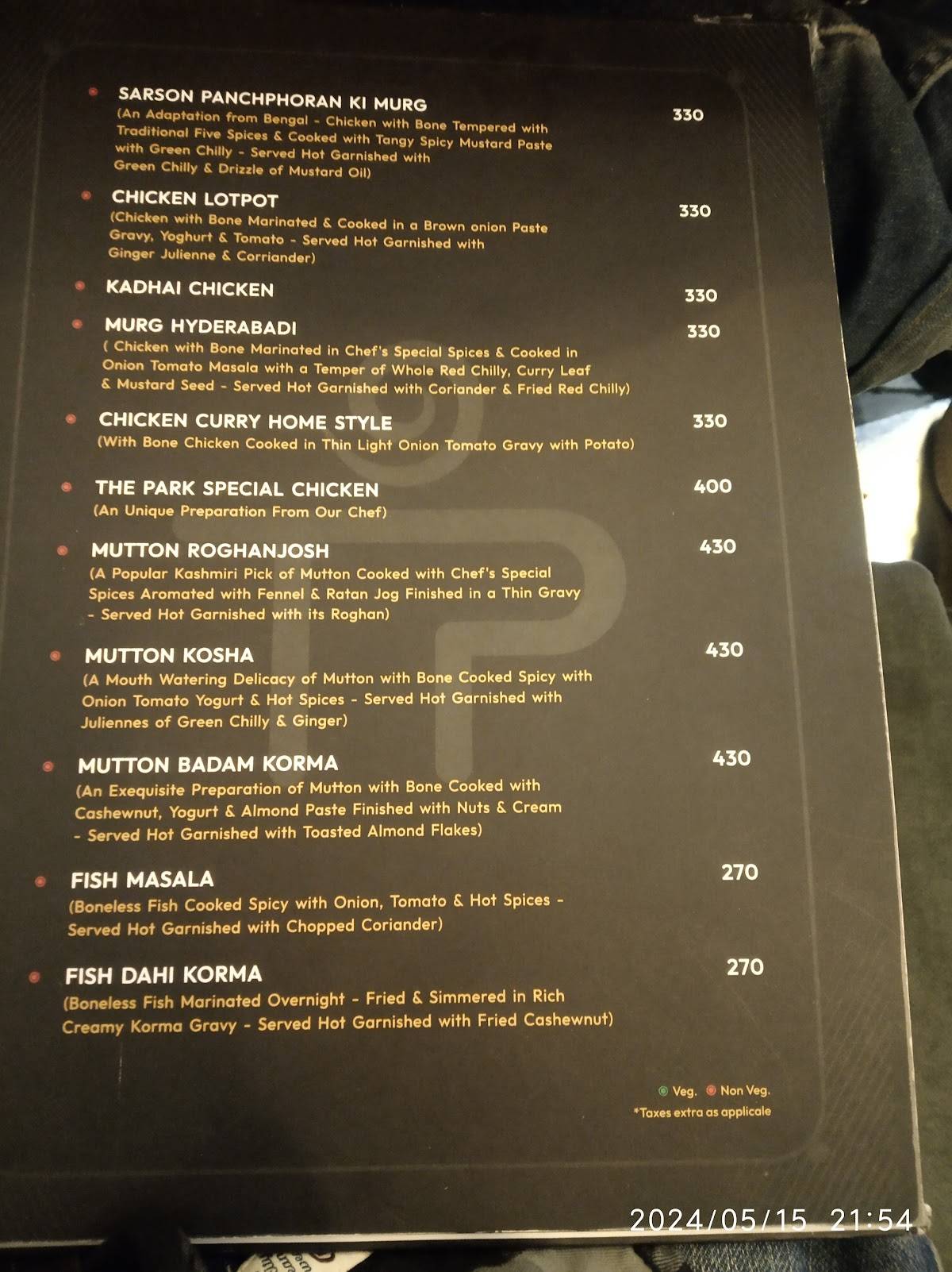 Menu at The Park (TP), Rourkela