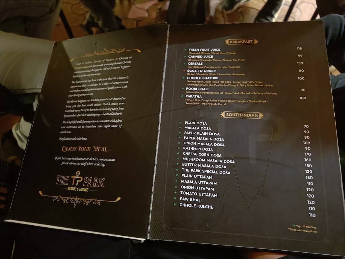 Menu at The Park (TP), Rourkela