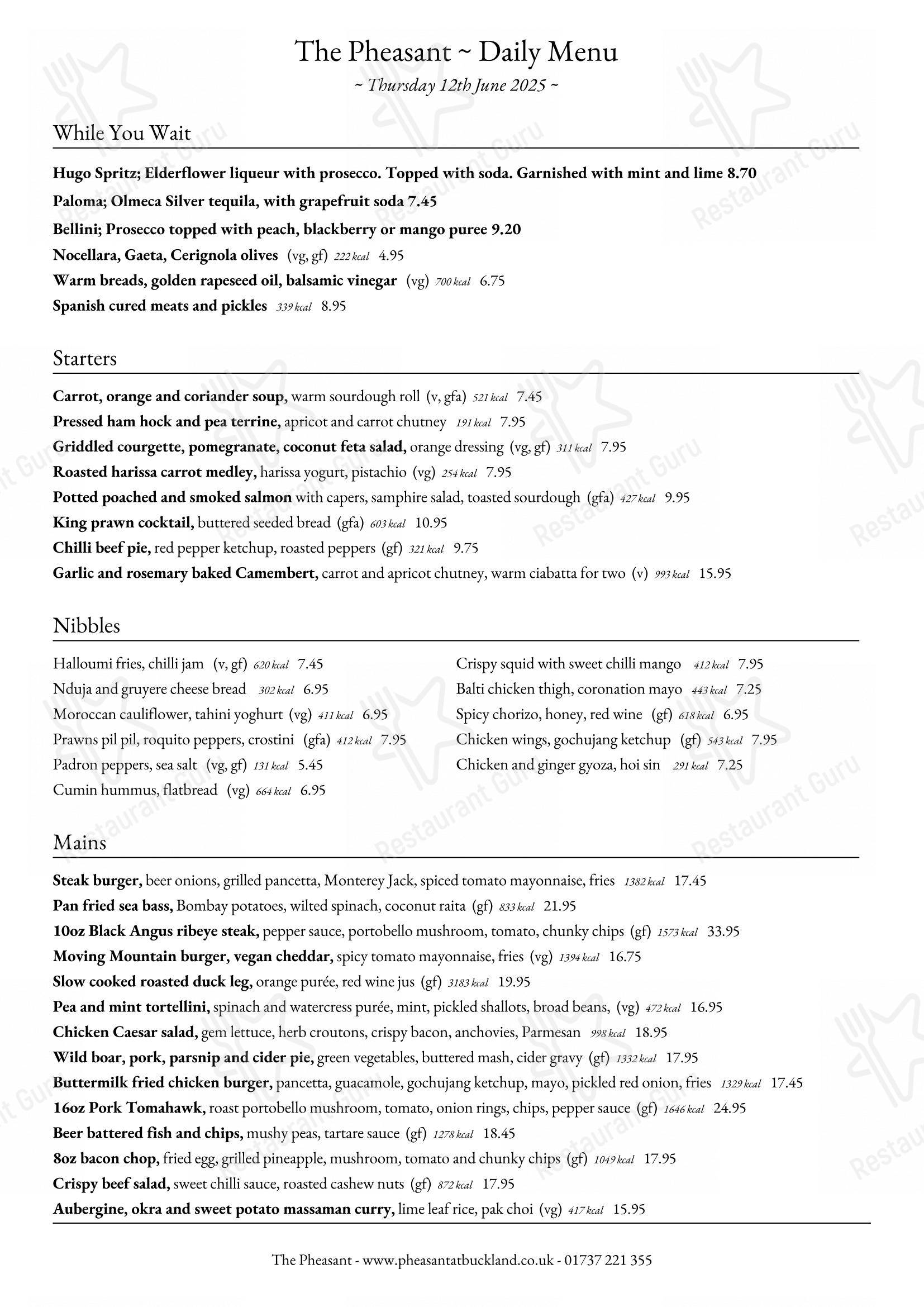 Menu at The Pheasant at Buckland pub & bar, Betchworth