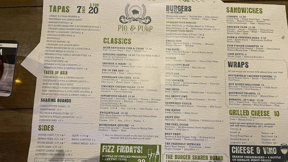 Menu at The Pig & Pump pub & bar, Chesterfield