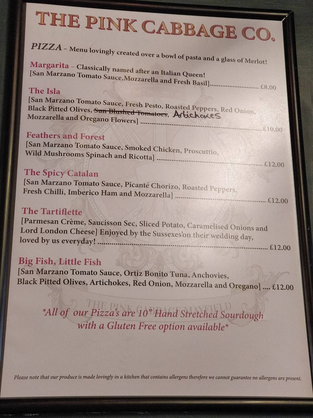 Menu at The Pink Cabbage Produce Company cafe, Mayfield