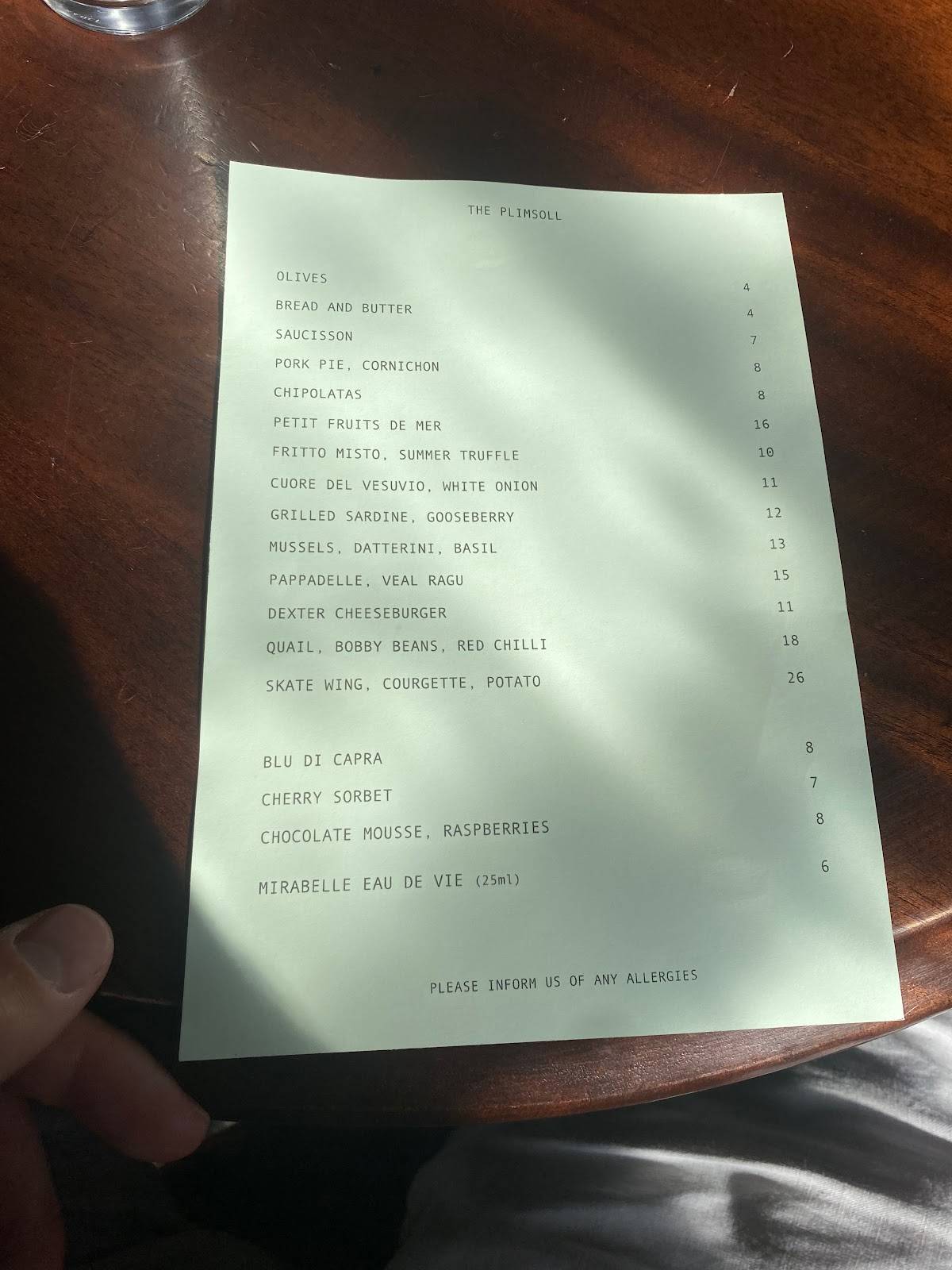 Menu at The Plimsoll pub & bar, London, 52 St Thomas's Rd
