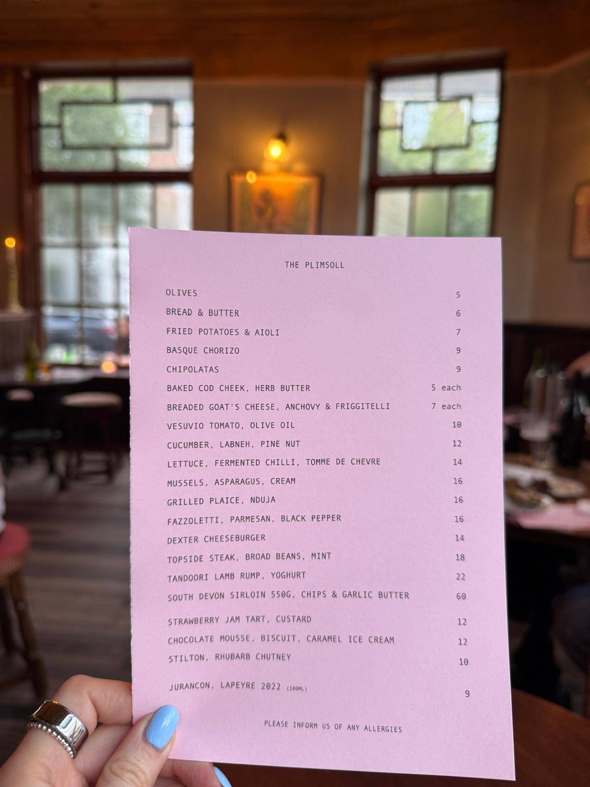 Menu at The Plimsoll pub & bar, London, 52 St Thomas's Rd