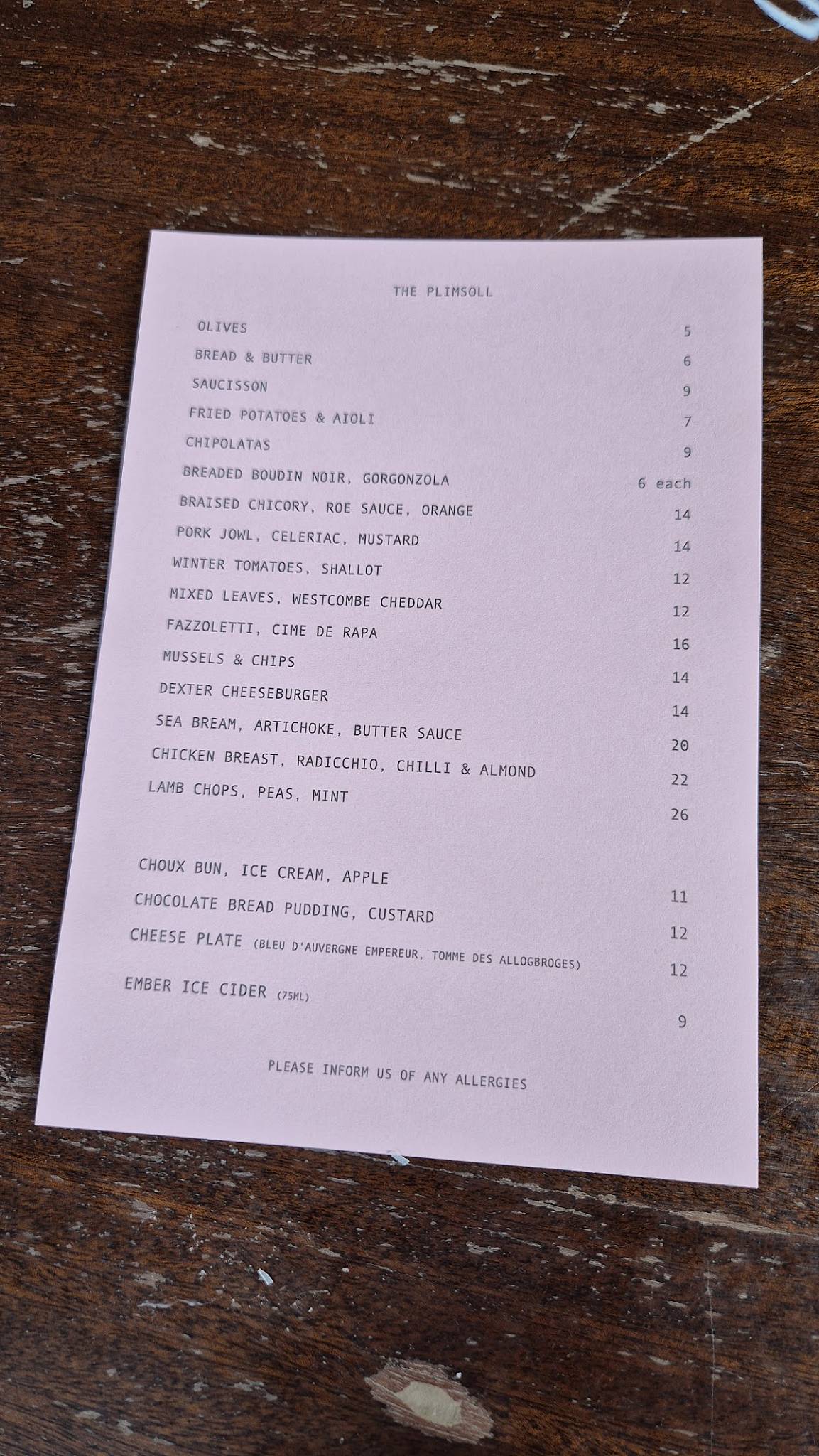 Menu at The Plimsoll pub & bar, London, 52 St Thomas's Rd