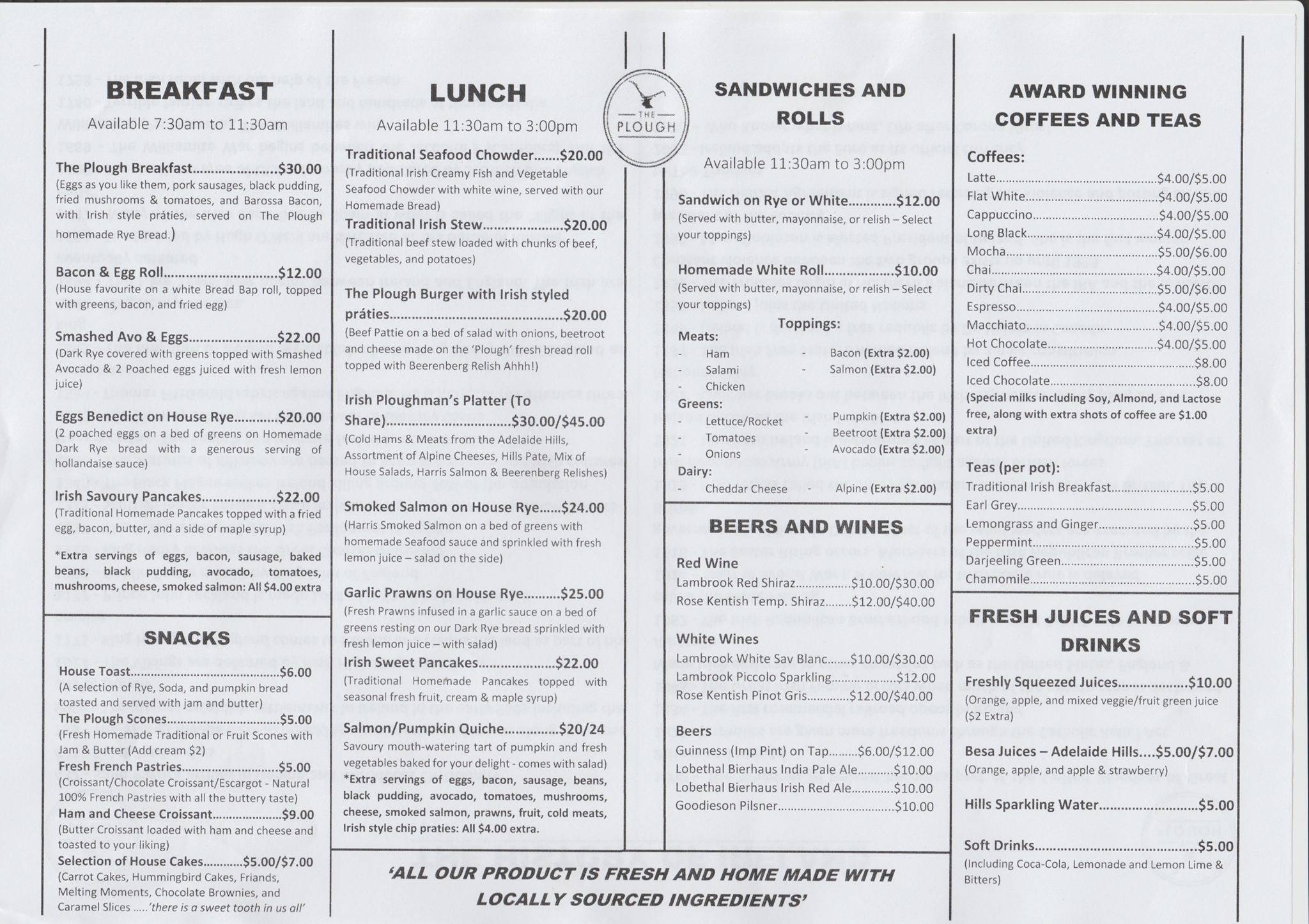 Menu at The Plough Echunga cafe, Hahndorf