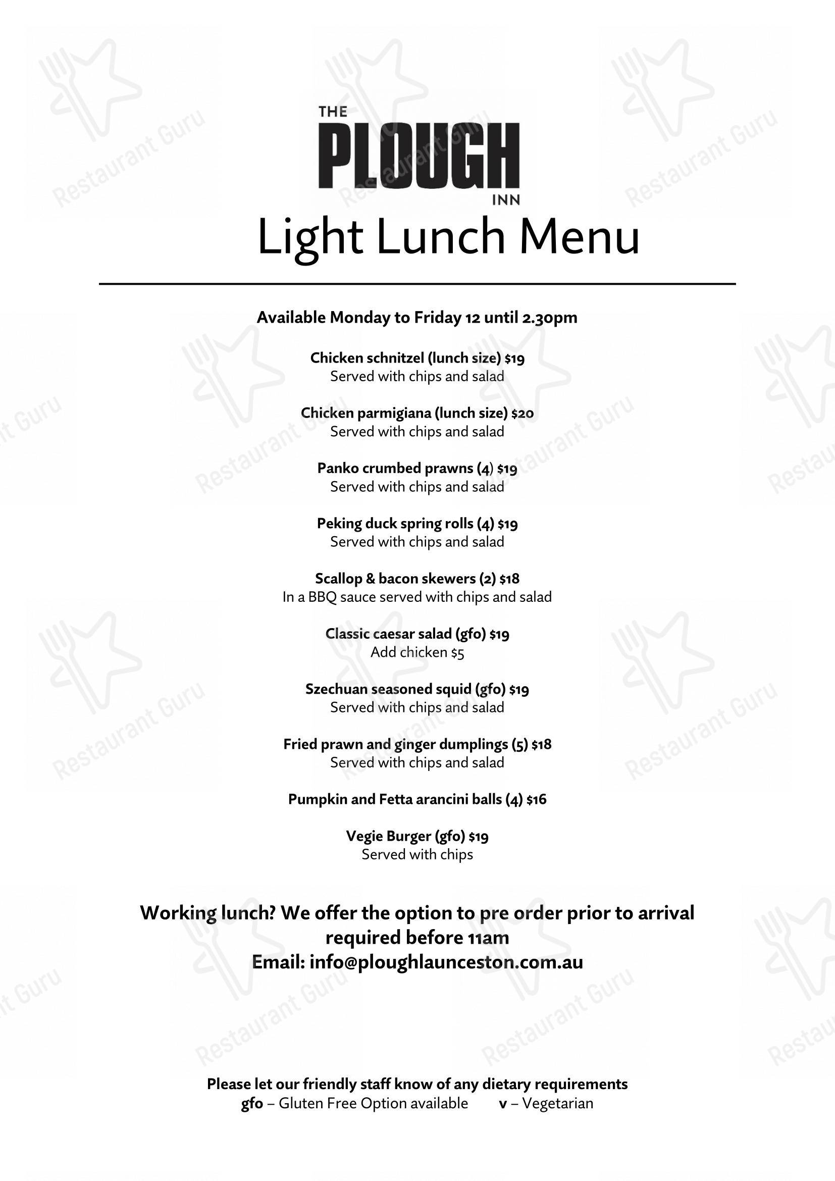 Menu at The Plough Inn Launceston pub & bar, Launceston