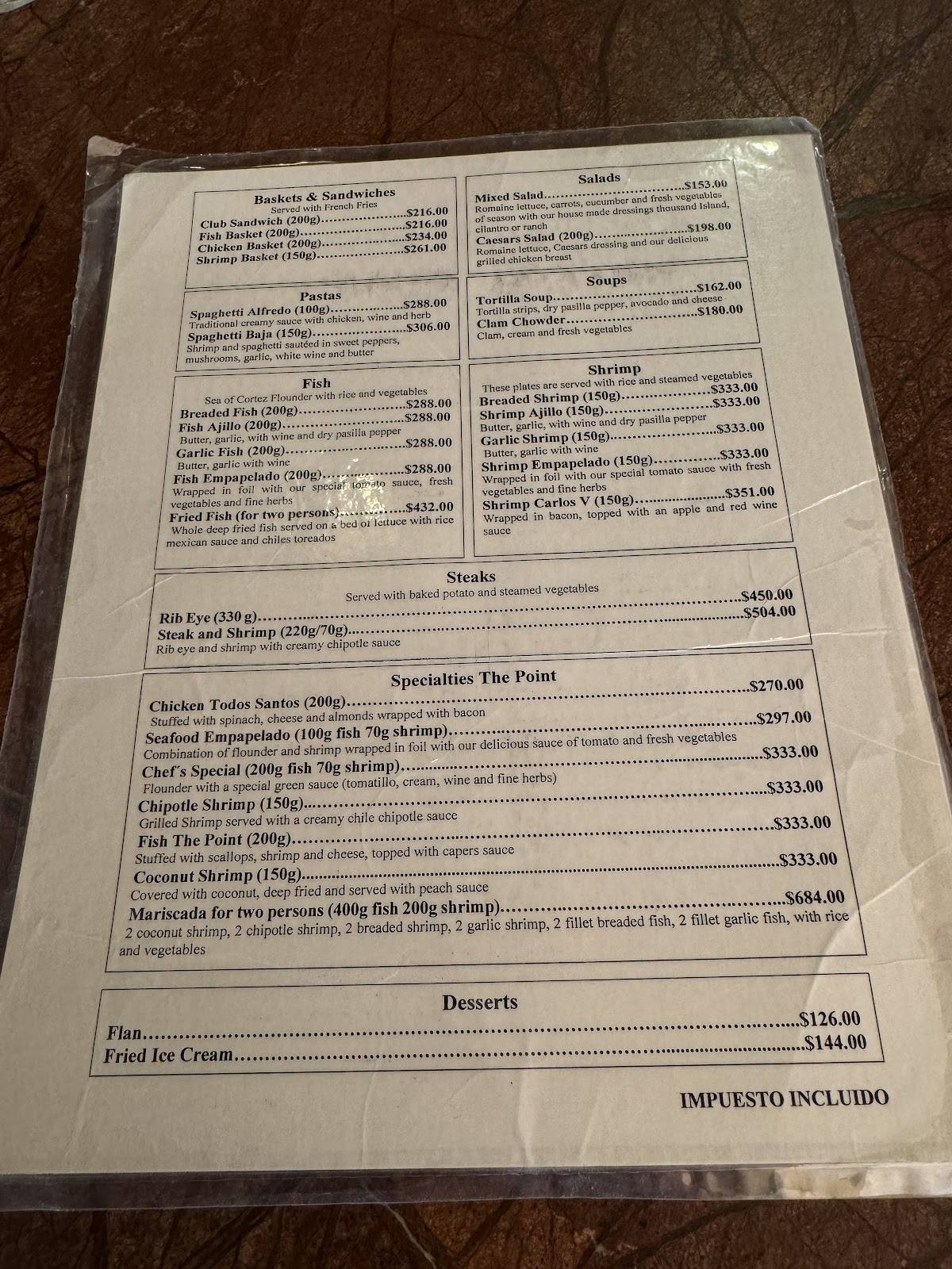 Menu at The Point Restaurant, Puerto Peñasco