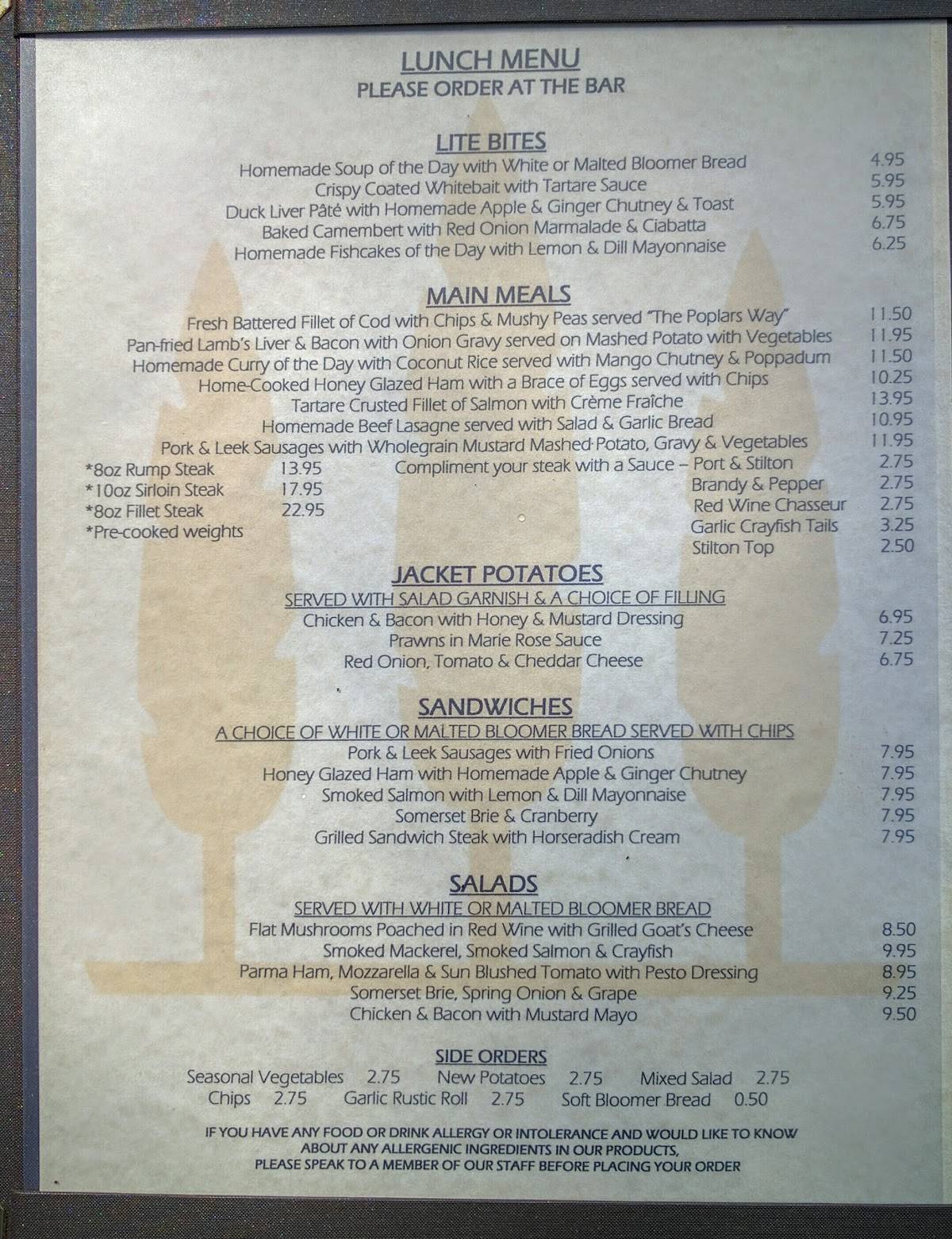Menu at The Poplars pub & bar, Trowbridge