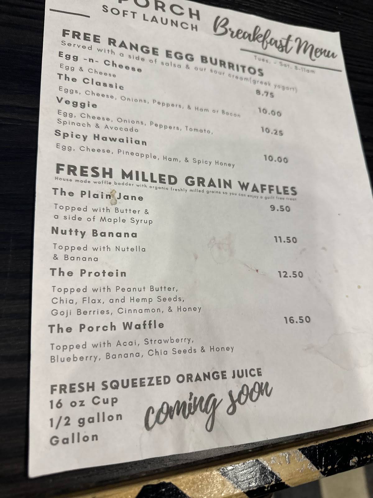 Menu at The Porch Health Bar, Daytona Beach