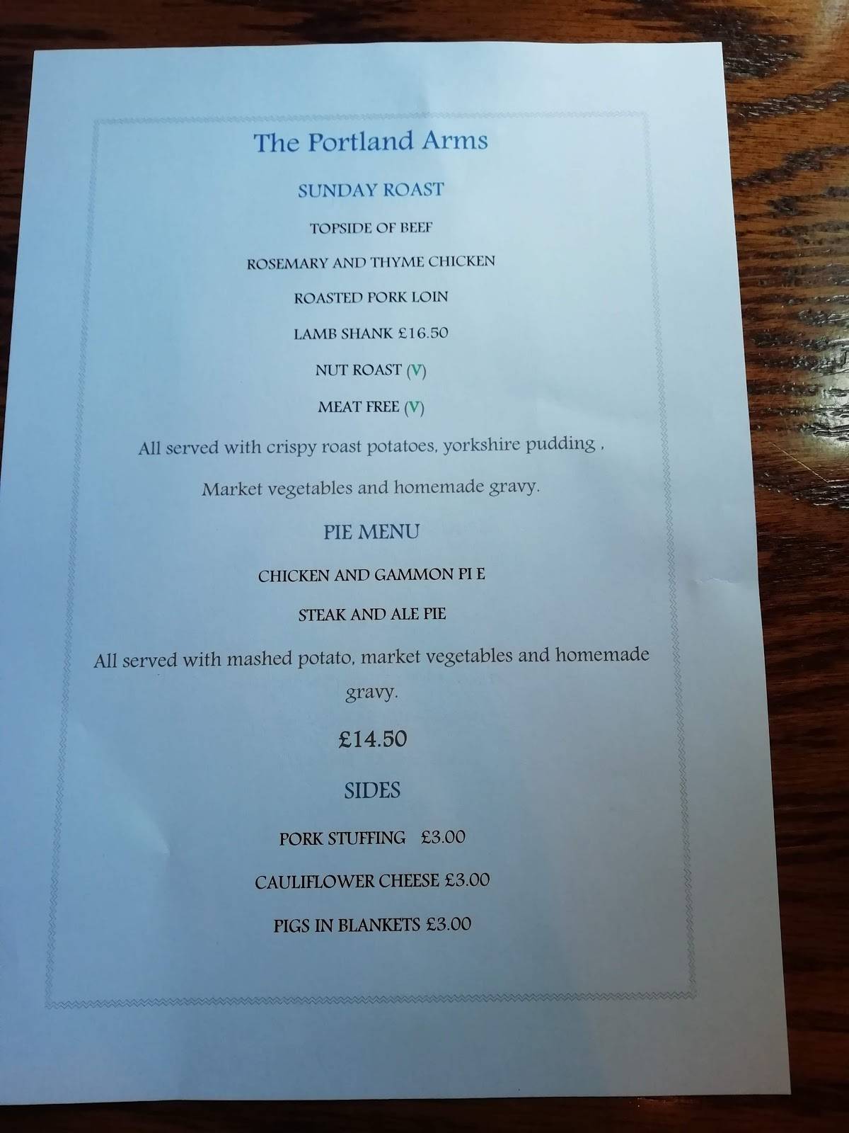 Menu at The Portland Arms pub & bar, St Albans, Portland St