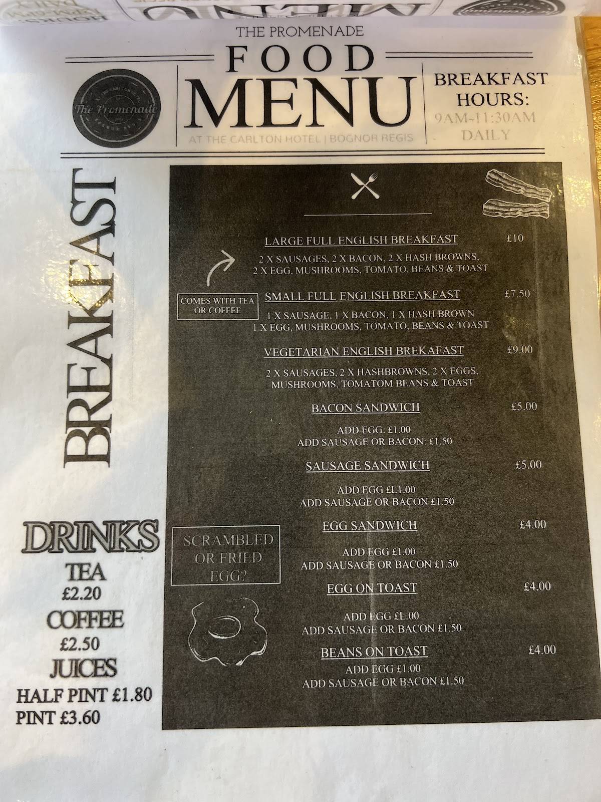 Menu at The Promenade pub & bar, Bognor Regis