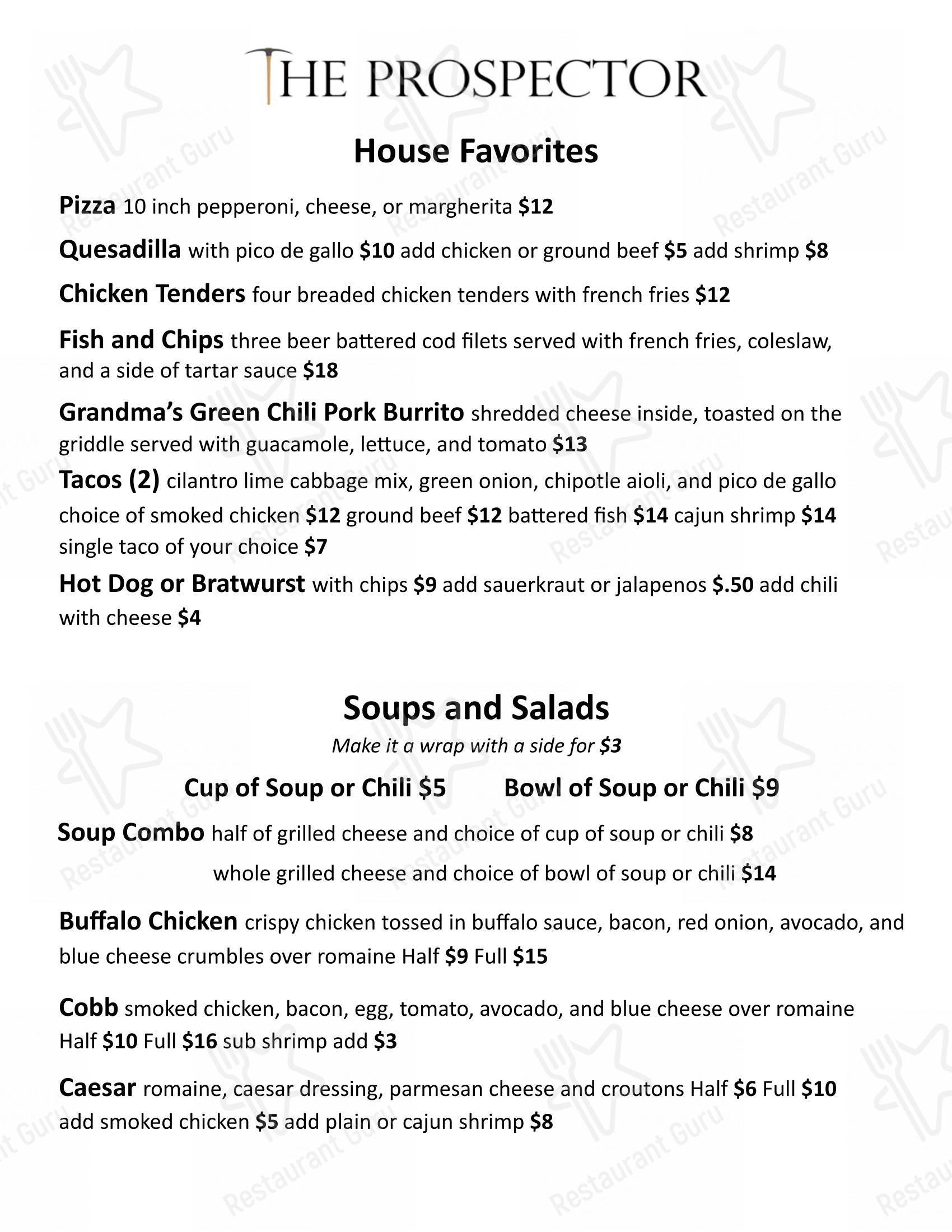 Menu at The Prospector restaurant, Gold Canyon