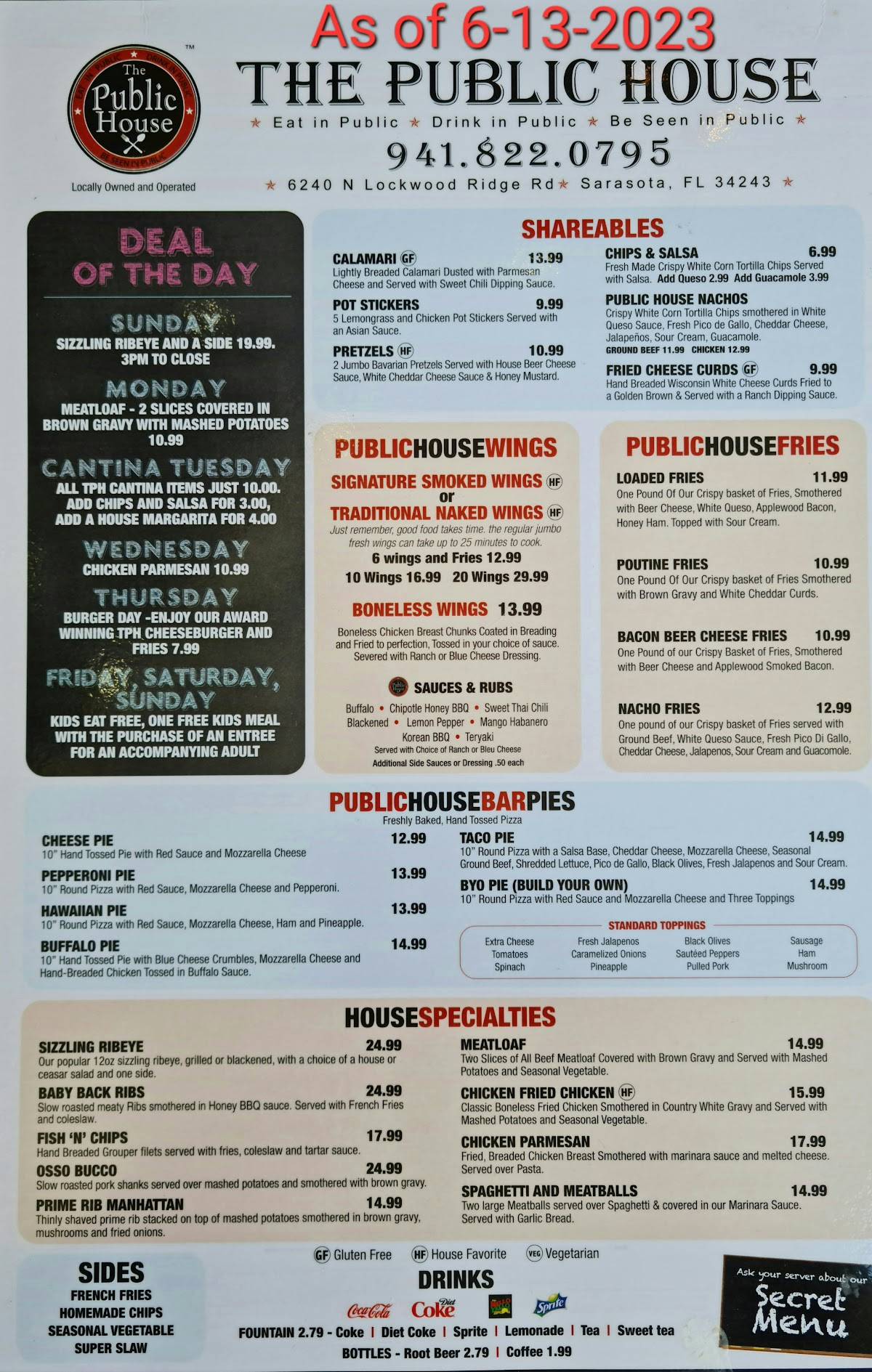 Menu at The Public House, Sarasota, N Lockwood Ridge Rd