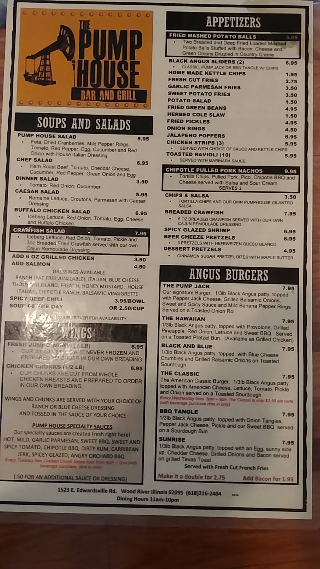Menu at The Pump House Bar & Grill, Wood River